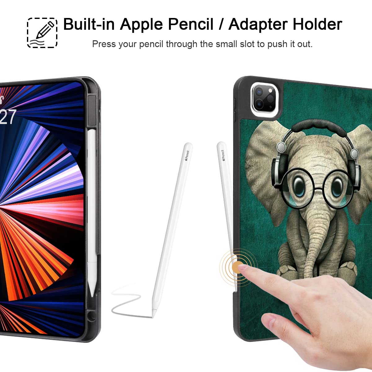 Tuiklol for iPad Pro 12.9 Case 2022 2021 6th 5th Gen - Built in Pencil Holder - Trifold Stand - Auto Wake/Sleep, TPU Protective Stand Back Case for 2020 2018 4th 3rd Gen iPad Pro 12.9 inch, Elephant