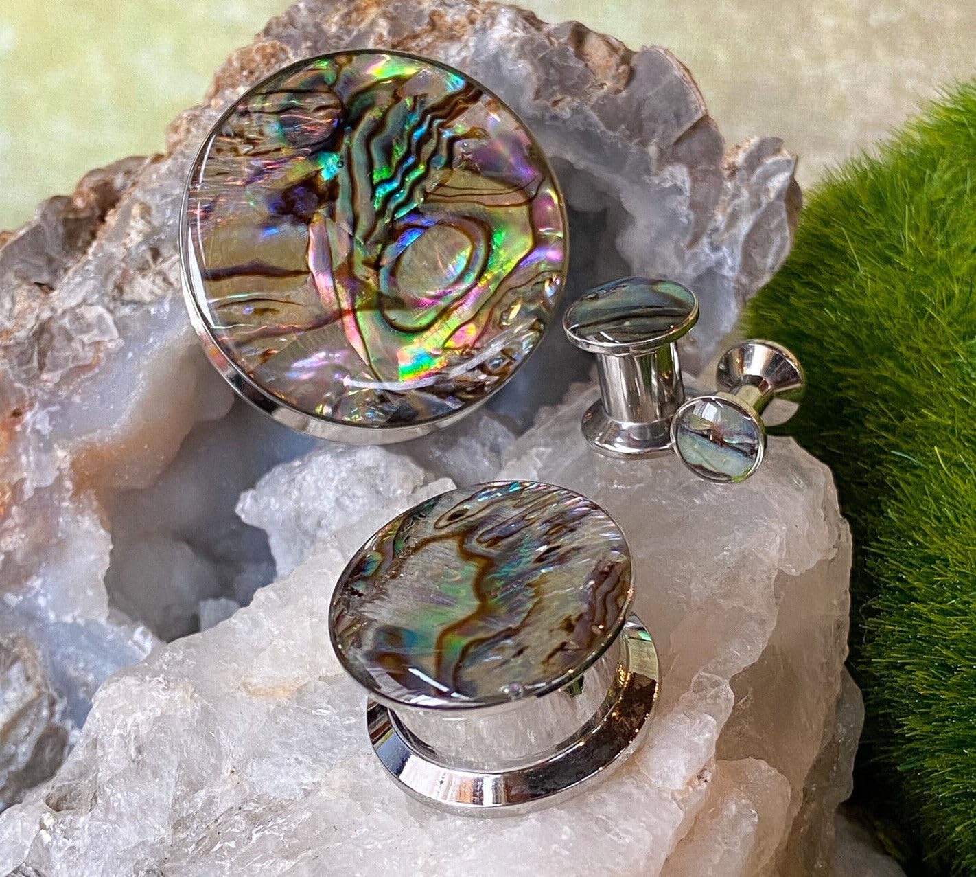 Lobal Domination PAIR Abalone Inlay Steel Screw Fit Plugs Tunnels Earlets Gauges Pierced Body Jewelry (6g (4mm))