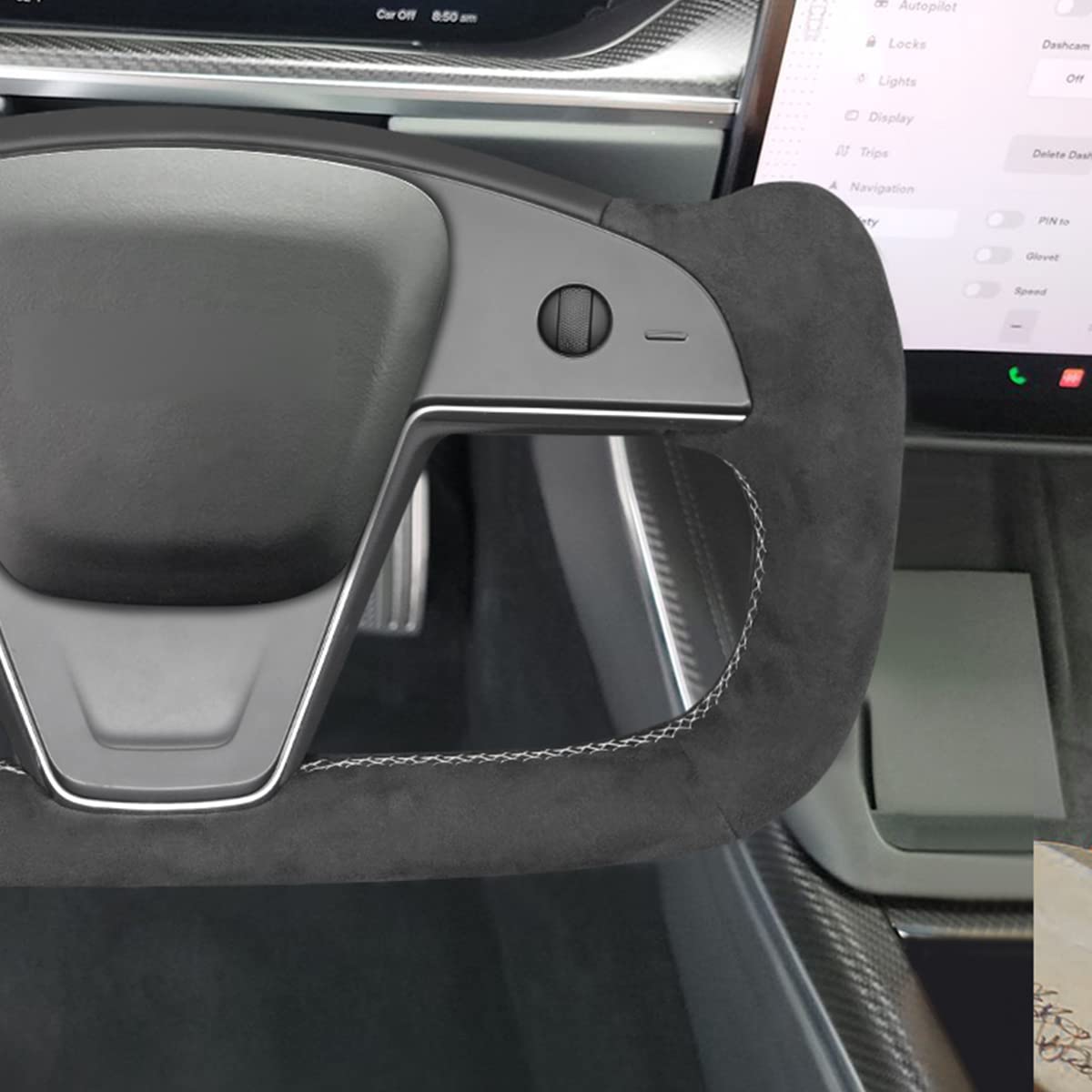 MEWANT Hand Stitch Dark Gray 9002 Alcantara Steering Wheel Cover Wrap for Tesla Model S Yoke 2021-2023 Model X 2021-2023