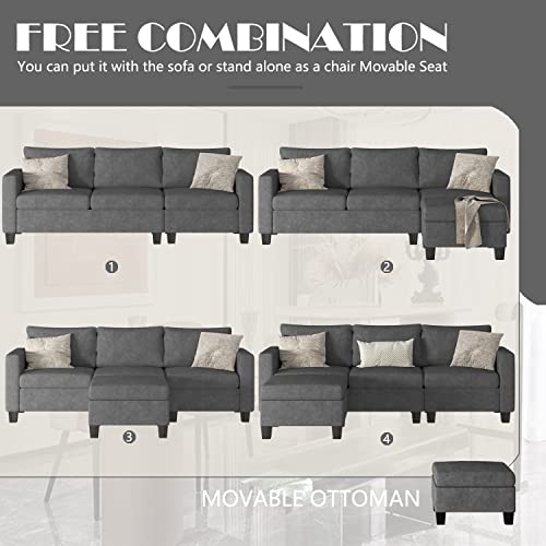 YESHOMY Convertible Sectional Sofa, L-Shaped Couch with Soft Seat and Modern Cotton Fabric for Small Space, Living Room Settee with Comfortable Backrest, Dark Gray