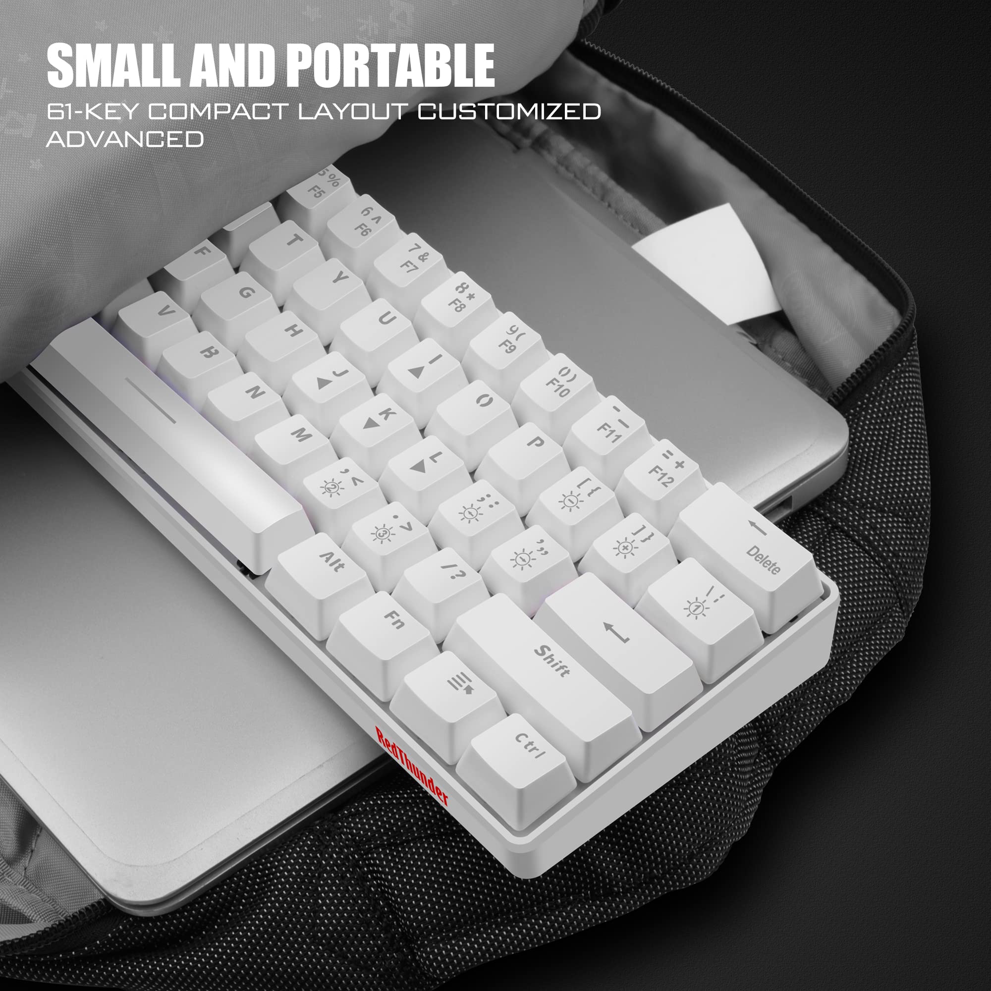 RedThunder 60% Wired Mechanical Gaming Keyboard, 61 Keys Ultra-Compact Keyboard, PBT Keycaps, RGB Backlight for PC (Red Switch, White)
