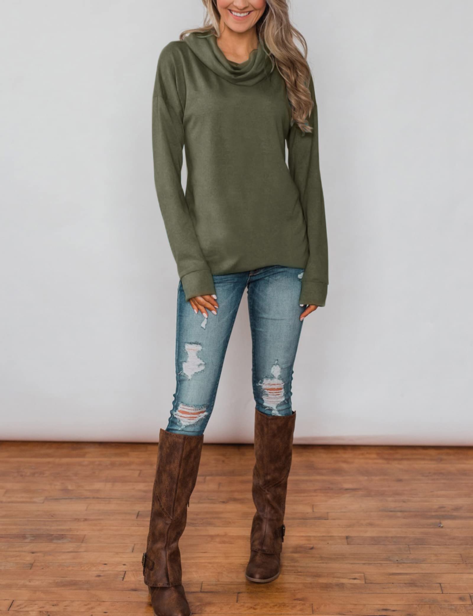 Minthunter Women's Long Sleeve Pullovers Cowl Neck Tunic Shirt Casual Sweatshirt Tops Olive