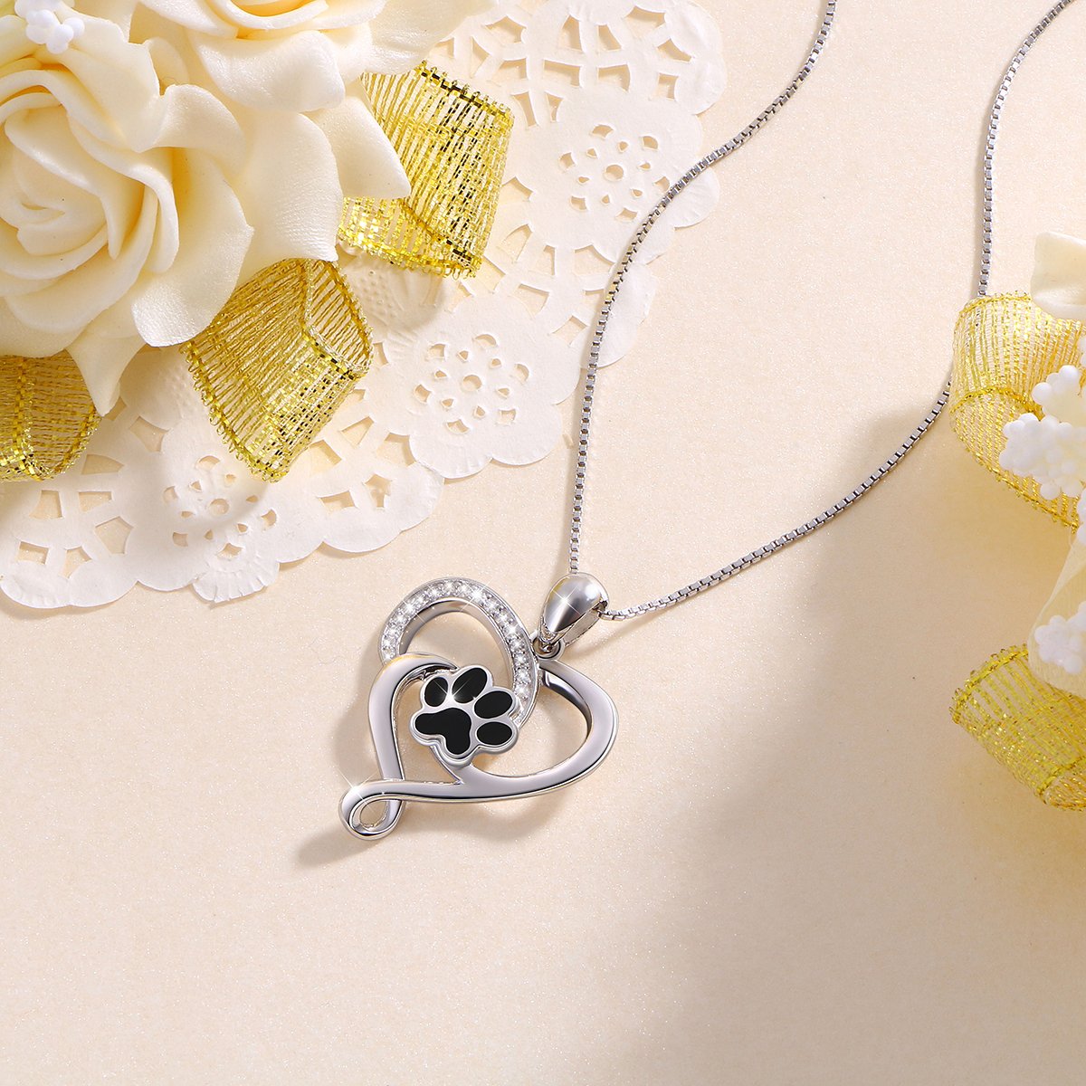 Ladytree S925 Sterling Silver Puppy Dog Cat Pet Paw Print Love Heart Pendant Necklace 18"