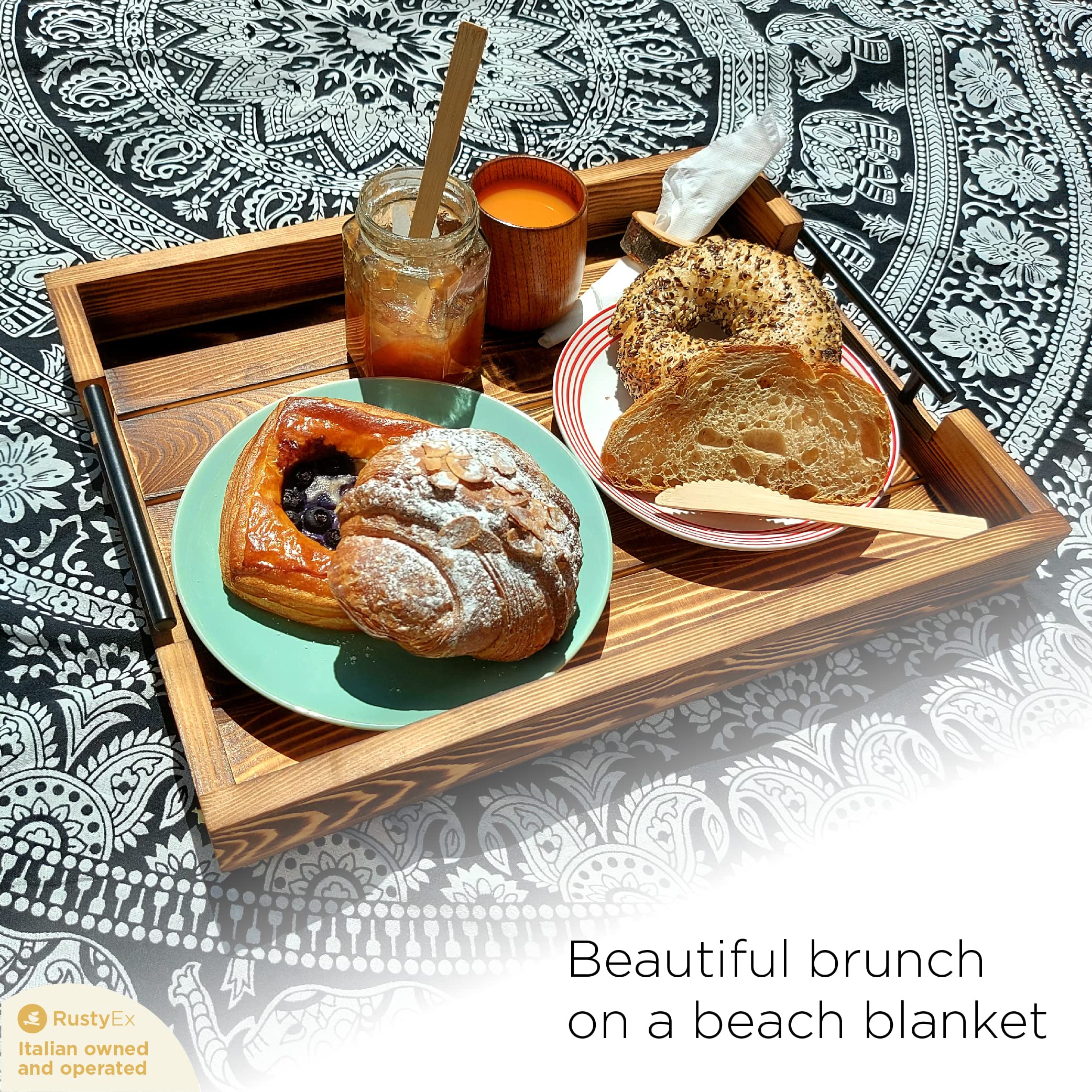 RustyEx Pine Wood Serving Tray - Metal Handles Rectangular Breakfast Tray 17x13x2 inches with Extra Bamboo Cutlery Sets, Rustic Coasters, Elegant Napkin Holders Good for Eating, Working, Storing