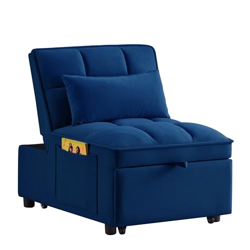 YOPTO Multi-Function Convertible Single Sleeper Sofa Bed with Storage Pockets,Velvet Tufted Pull-Out Couch Bed 4in1 W/Adjustable Backrest & Pillows,Chaise Lounge for Living Room,Small Space,Navy