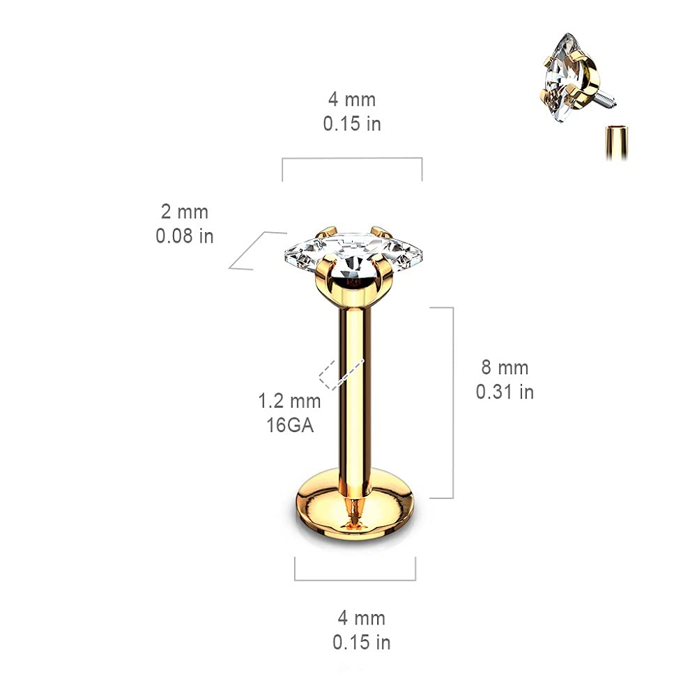 Pierced Owl 16GA Stainless Steel Internally Threaded CZ Crystal Marquise Labret Monroe Lip Cartilage Helix Tragus Conch Ear Lobe Barbell Stud (Silver Tone, 6mm Barbell)