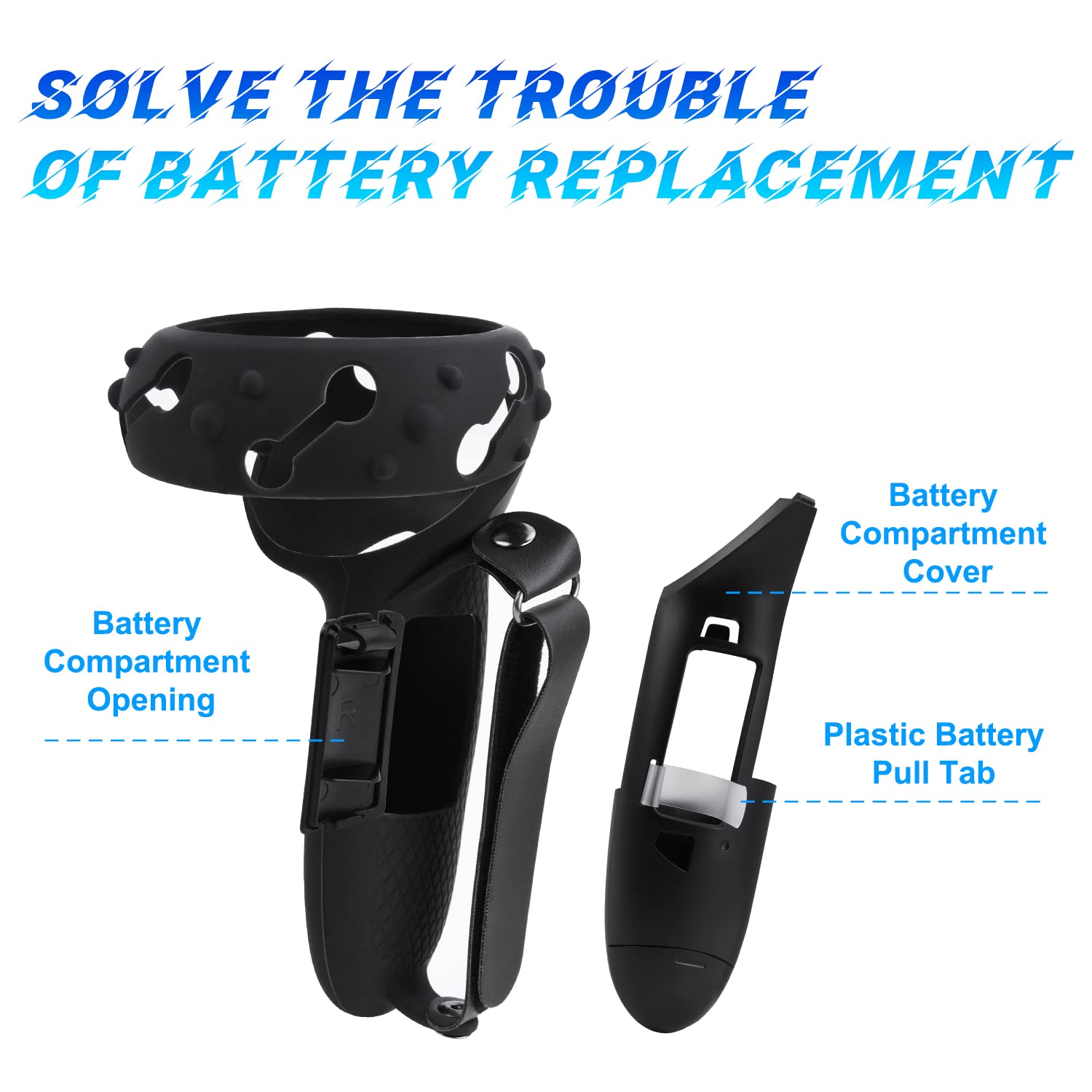 TechKen Battery Opening Controller Grips Compatible with Quest 2 Accessories Quest 2 Grips with Adjustable with Knuckle Straps, Suitable for Large Hands