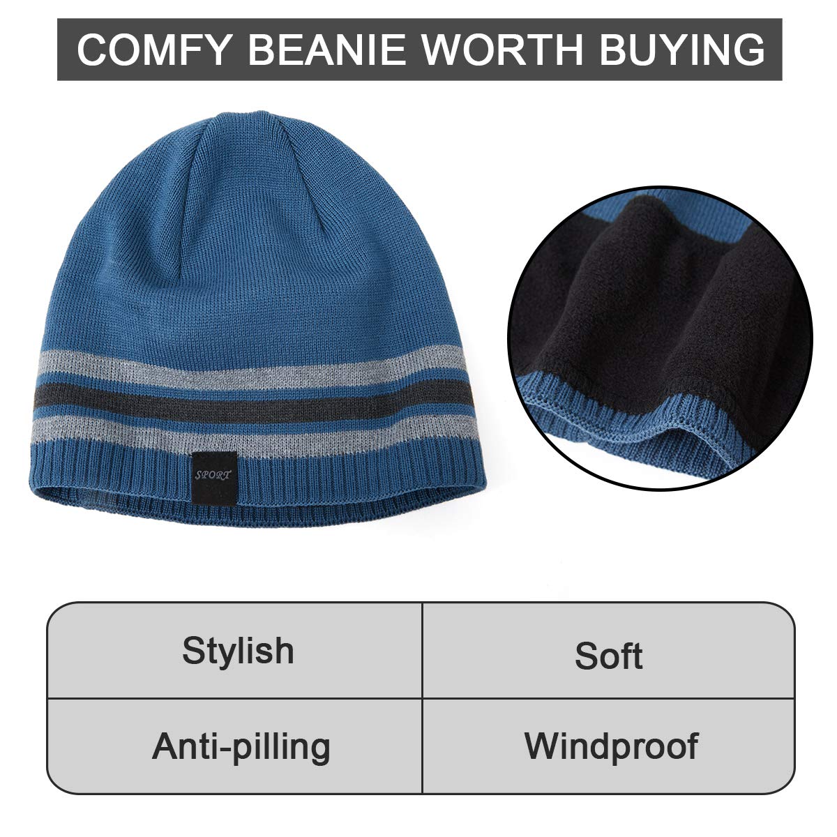 Mens Winter Beanie Hat Oversized Warm Knit Fleece Lined Short Beanie Ski Skull Cap (Black+Grey, ONE Size)