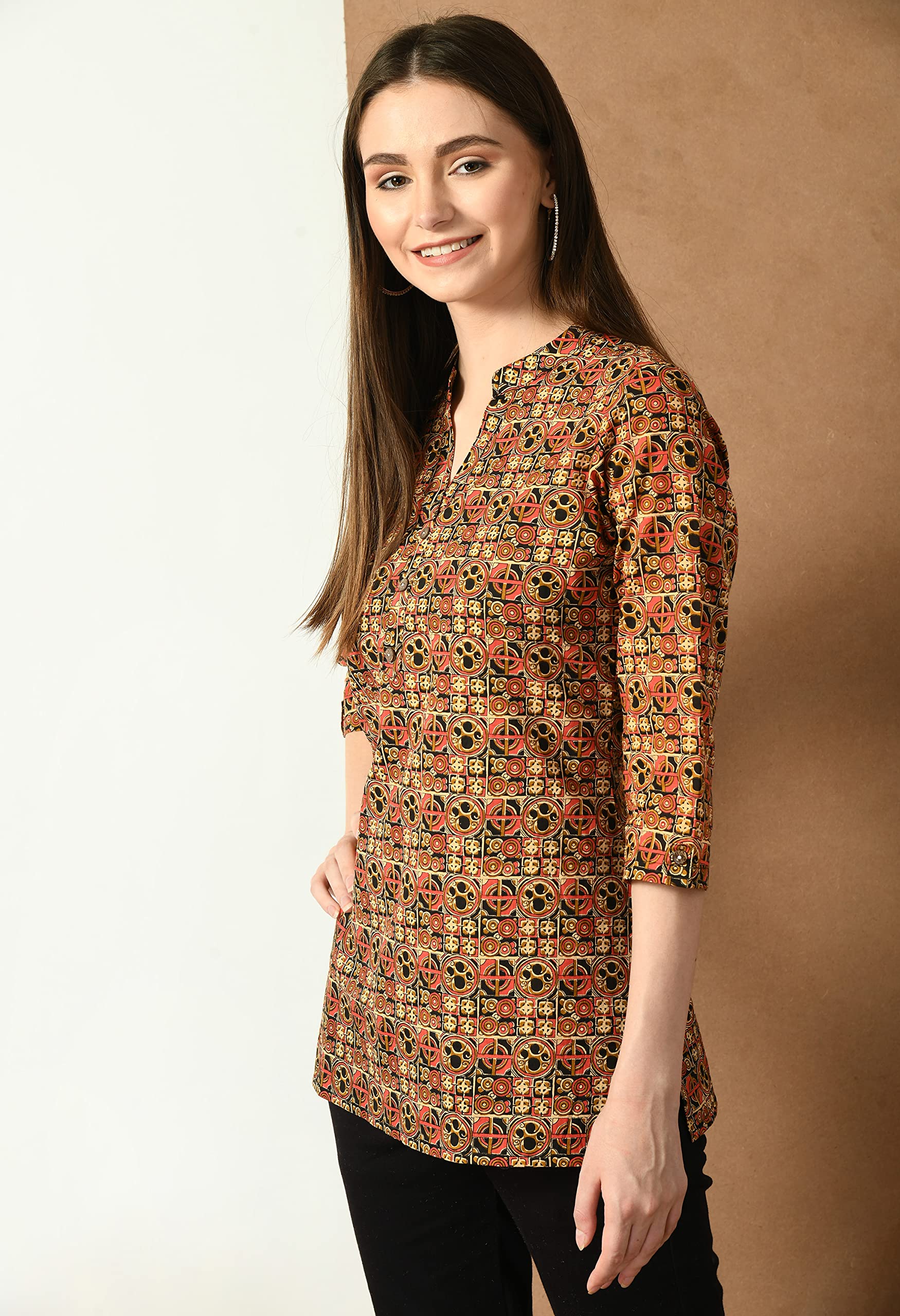 Lagi Women Straight Mandarin Collar 3/4 Sleeves Printed Short Cotton Kurti, Red (S)