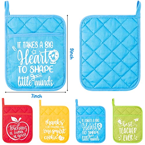 OSNIE 4Pcs Teacher Appreciation Pot Holders Heat Resistant Microwave Oven Mitt Potholders with Hand Pocket Hanging Loop Machine Washable Hot Pads Set End of The Year Teacher Gift for Cooking Baking