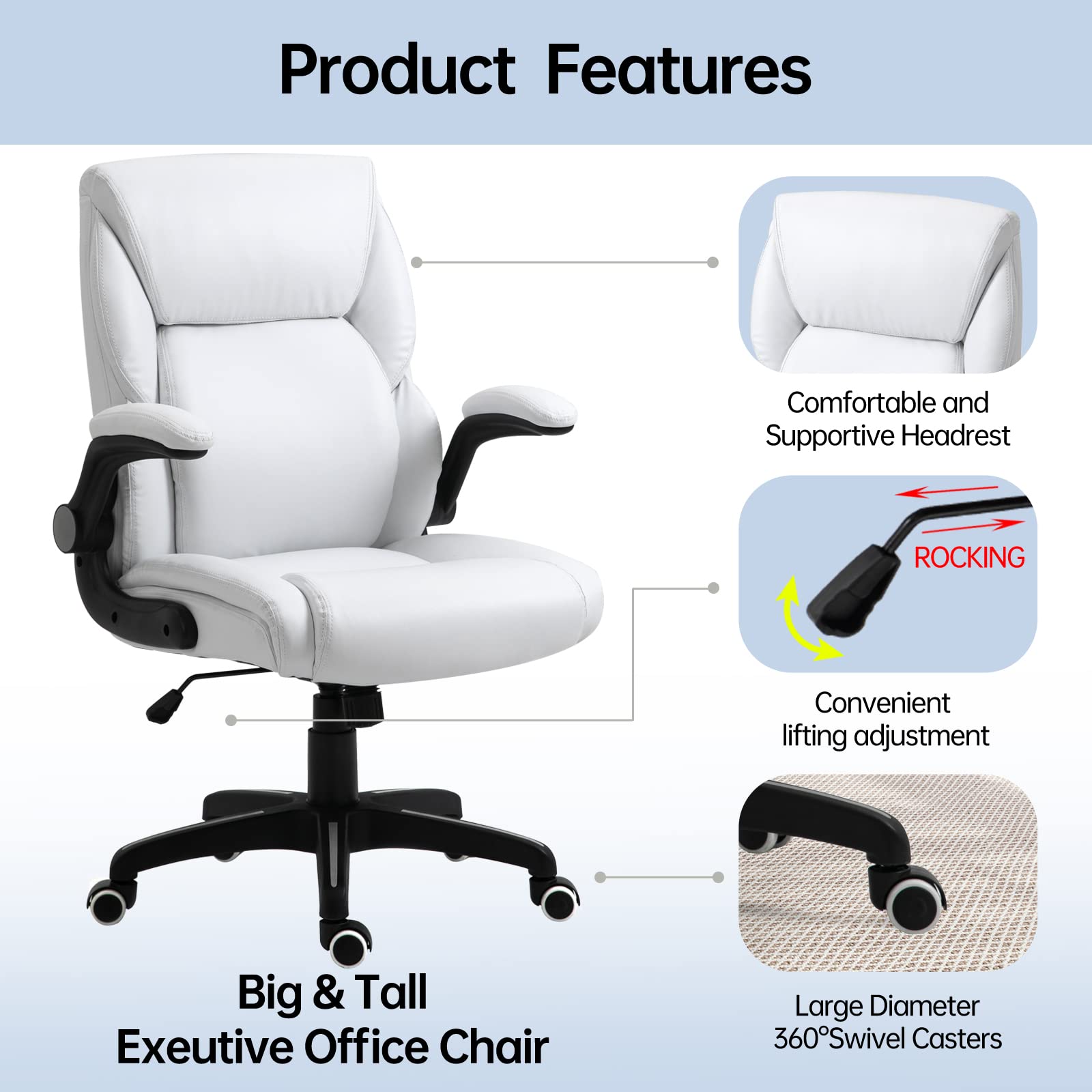 Leather Executive Office Chair- Ergonomic High Back PU Home Computer Desk Chair with Padded Flip-up Arms, Adjustable Height with Thick Seat and Tilt Function for Working Study, White