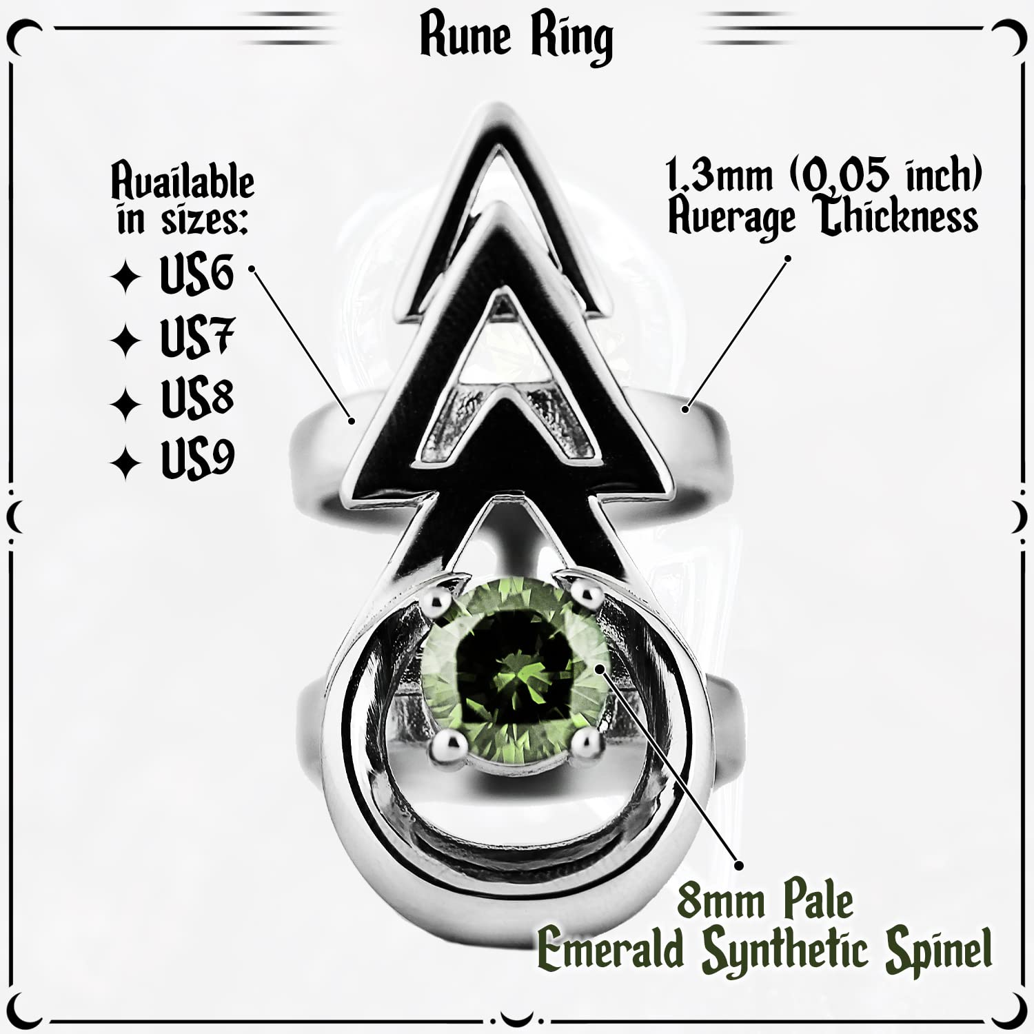 Rune Ring by Rogue+Wolf Gothic Y2K Jewelry Emo Goth Accessories, Cool Boho Alt Knuckle Chunky Ring Aesthetics, Non-Precious Metal, pale emerald synthetic spinel