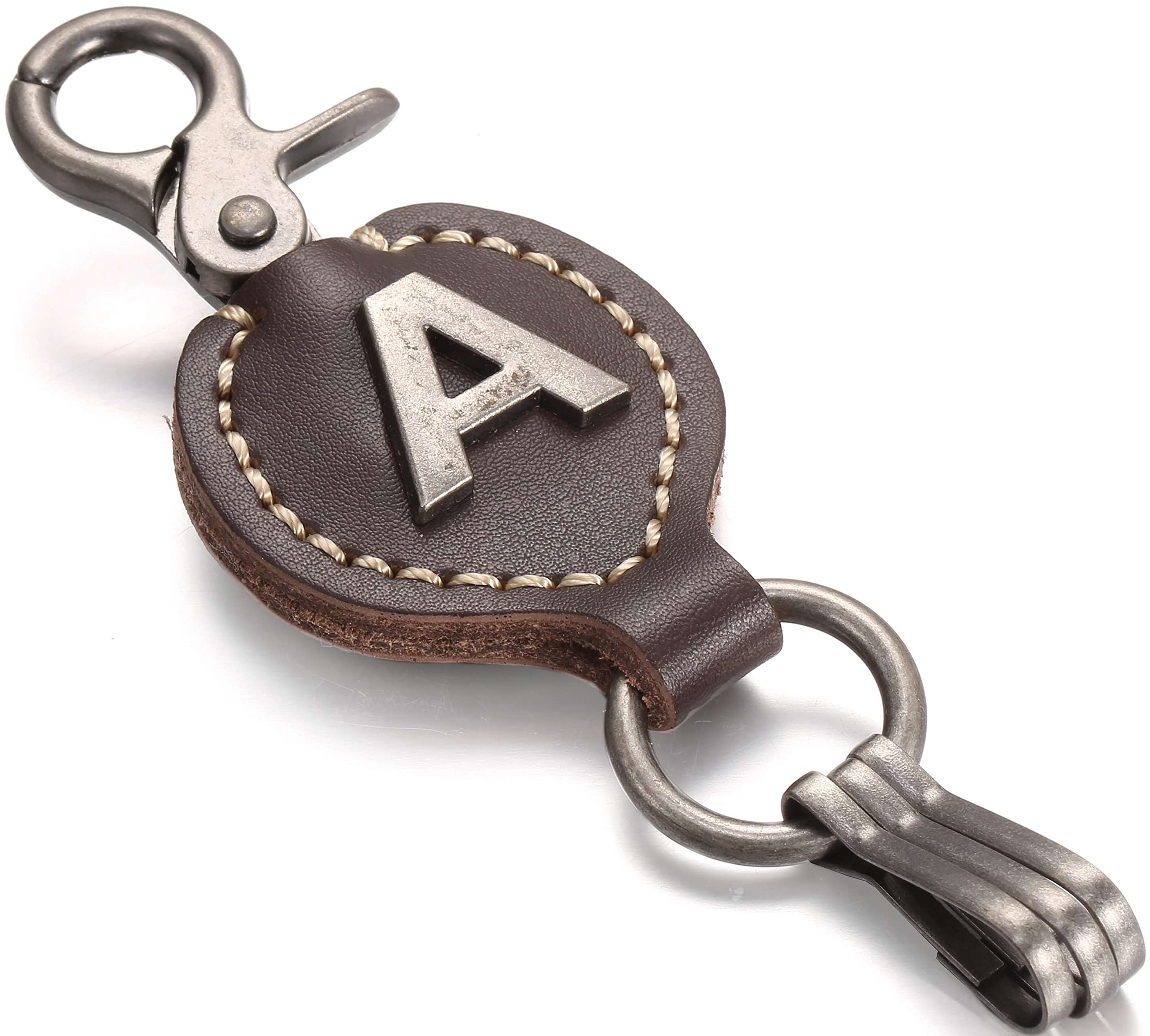 Leather Keychain For Men, Single Letter Alphabet with Easy Clasp - J - Rich Brown - One Size