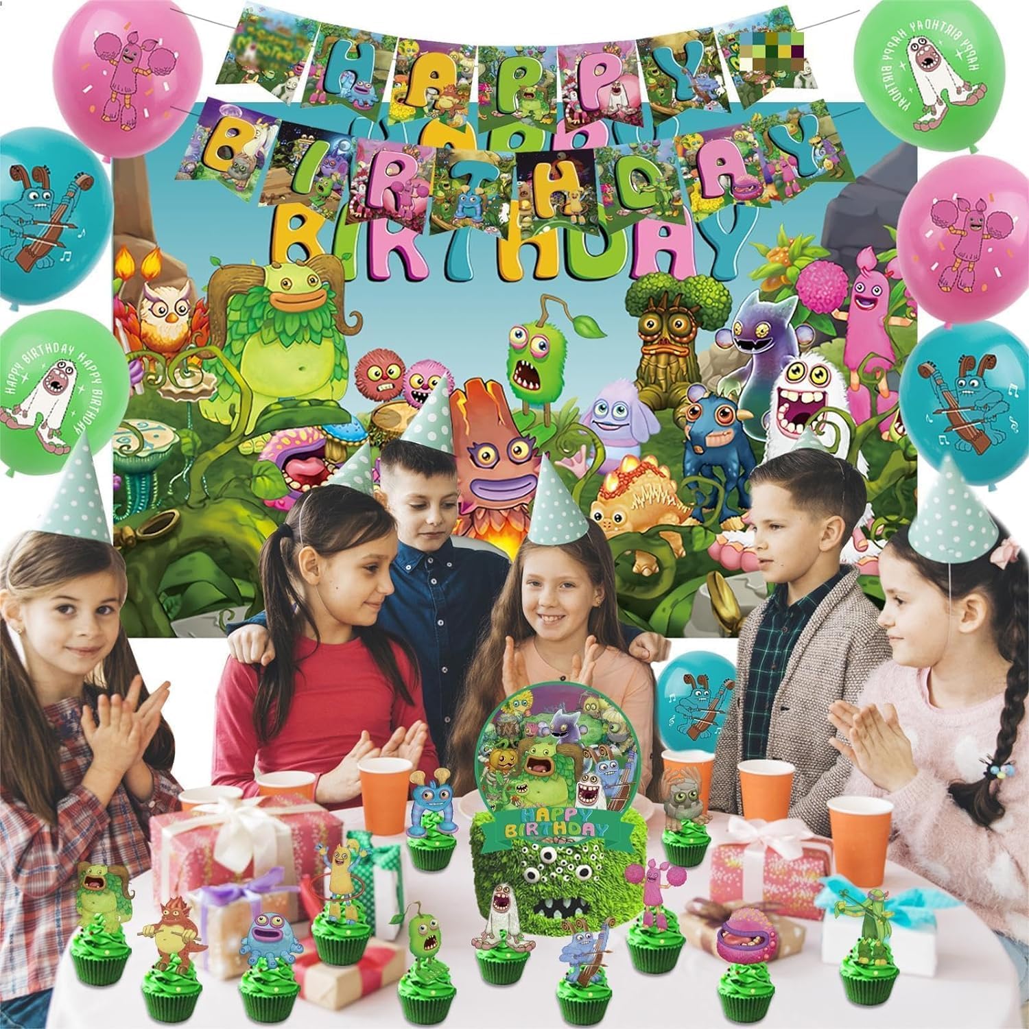Moptrek y Decorations,Monsters Birthday Decorations,Including Happy Birthday Bannner,Cake Copper ,Cupcake Topper,Backdrop,Suitable for Party Supplies