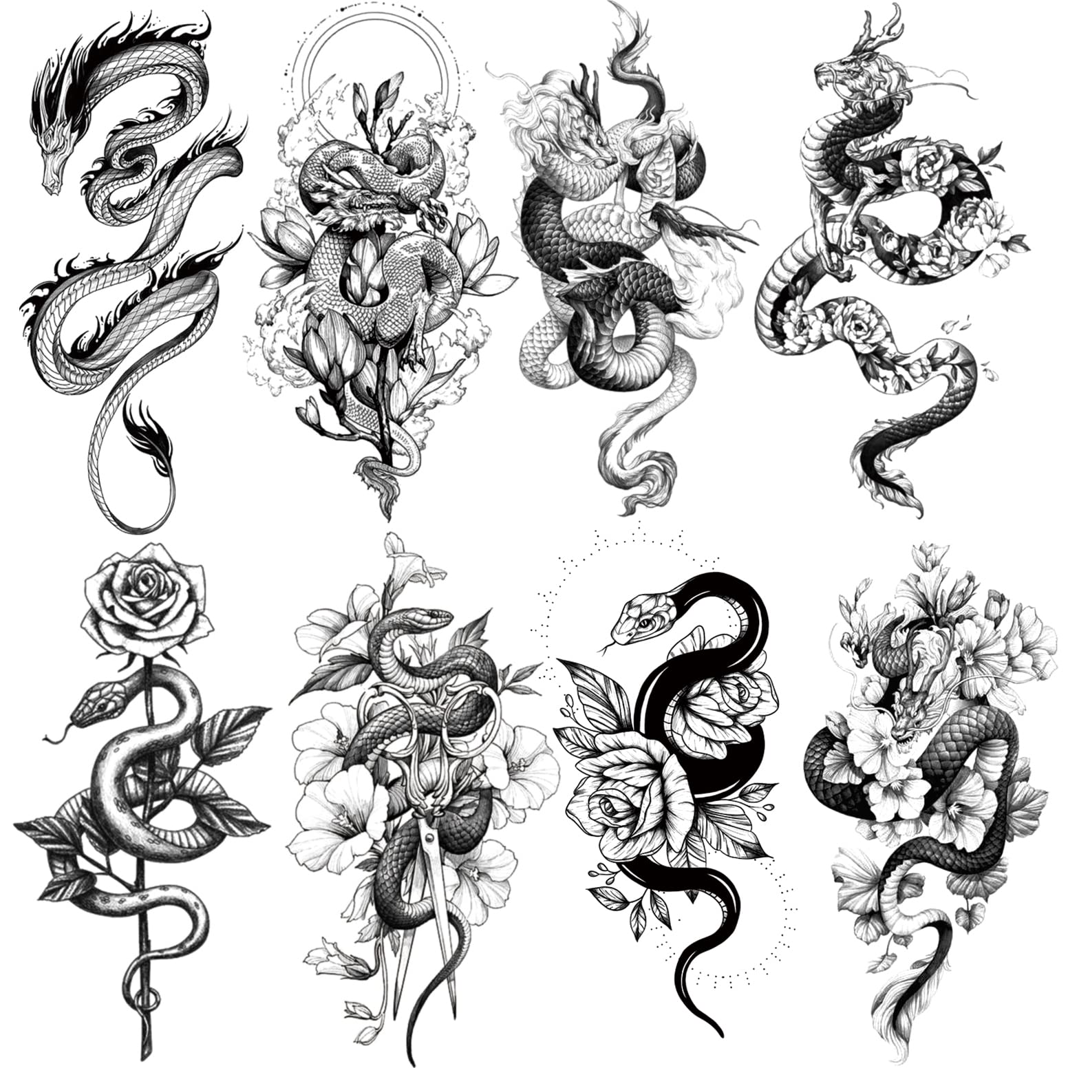 Oottati 8 Sheets Waterproof Arm Leg Fake Temporary Tattoo Dragon Snake Cross Rose Flower