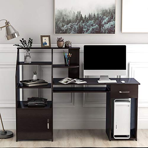 Merax Computer Desk with Drawers,Modern Home Office Desk, Computer Desk with Keyboard Tray/Hutch/Shelves/Storage and Monitor Shelf,Spacious Study Writing Desk Workstation
