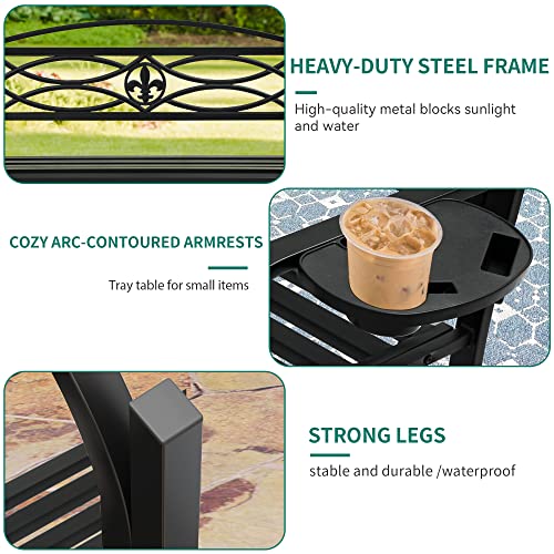YITAHOME Outdoor Bench 50" Metal Bench with Cup Holder Spear Pattern Patio Bench with Backrest and Armrest for Porch Lawn Balcony Backyard and Indoor Black