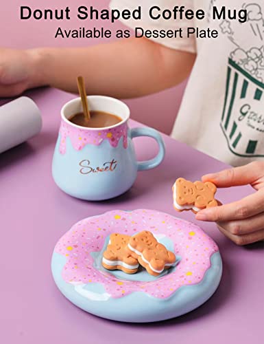 SISETOP Novelty Espresso Cups and Saucers, Ceramic Donut Mug, 9.5oz Creative Cute Cups, Unique Coffee Mug with Spoon for Gift, Kids, Adults, Birthday