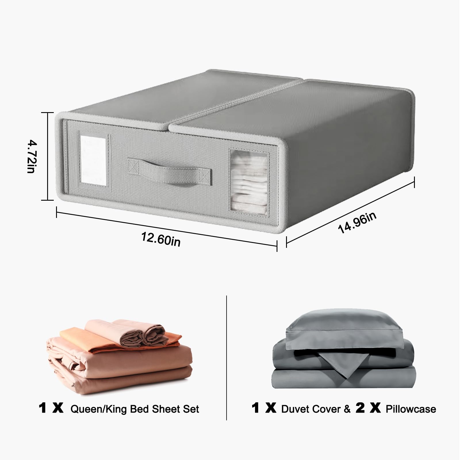 ZDFRBJGㅤㅤㅤㅤ Bed Sheet Organizer and Storage Foldable Oxford For Bed Sheets(King & Queen Size), Duvet Covers and Pillowcases with Handle and window 4 Pcs(Gray)