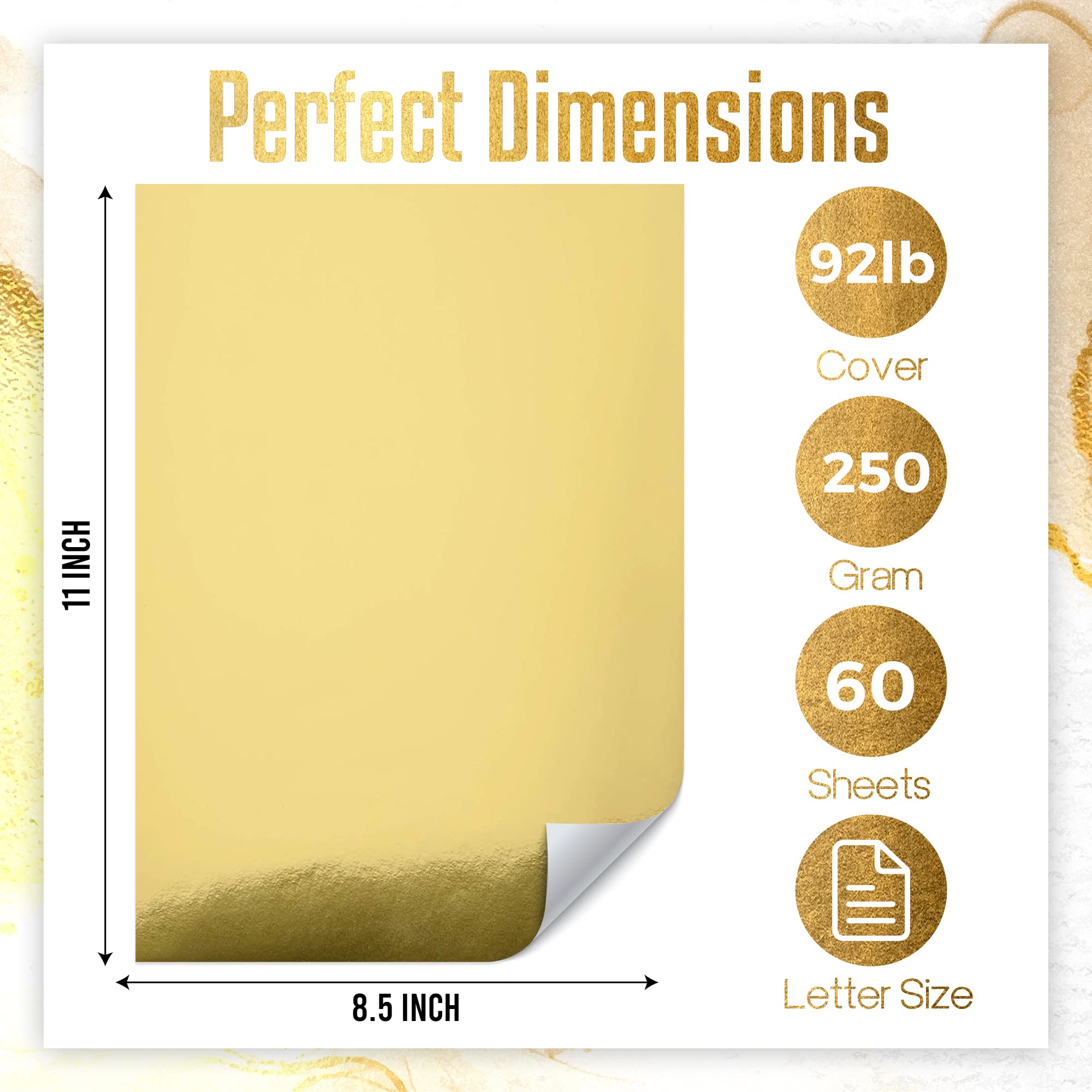 Metallic Gold Cardstock Paper, 60pcs of 8.5βx11β (250 GSM) - Gold Paper Foil Board, Mirror Finish Surface β Die Cut and Plotter Compatible - Perfect for Crafting, Invitations & Decorations