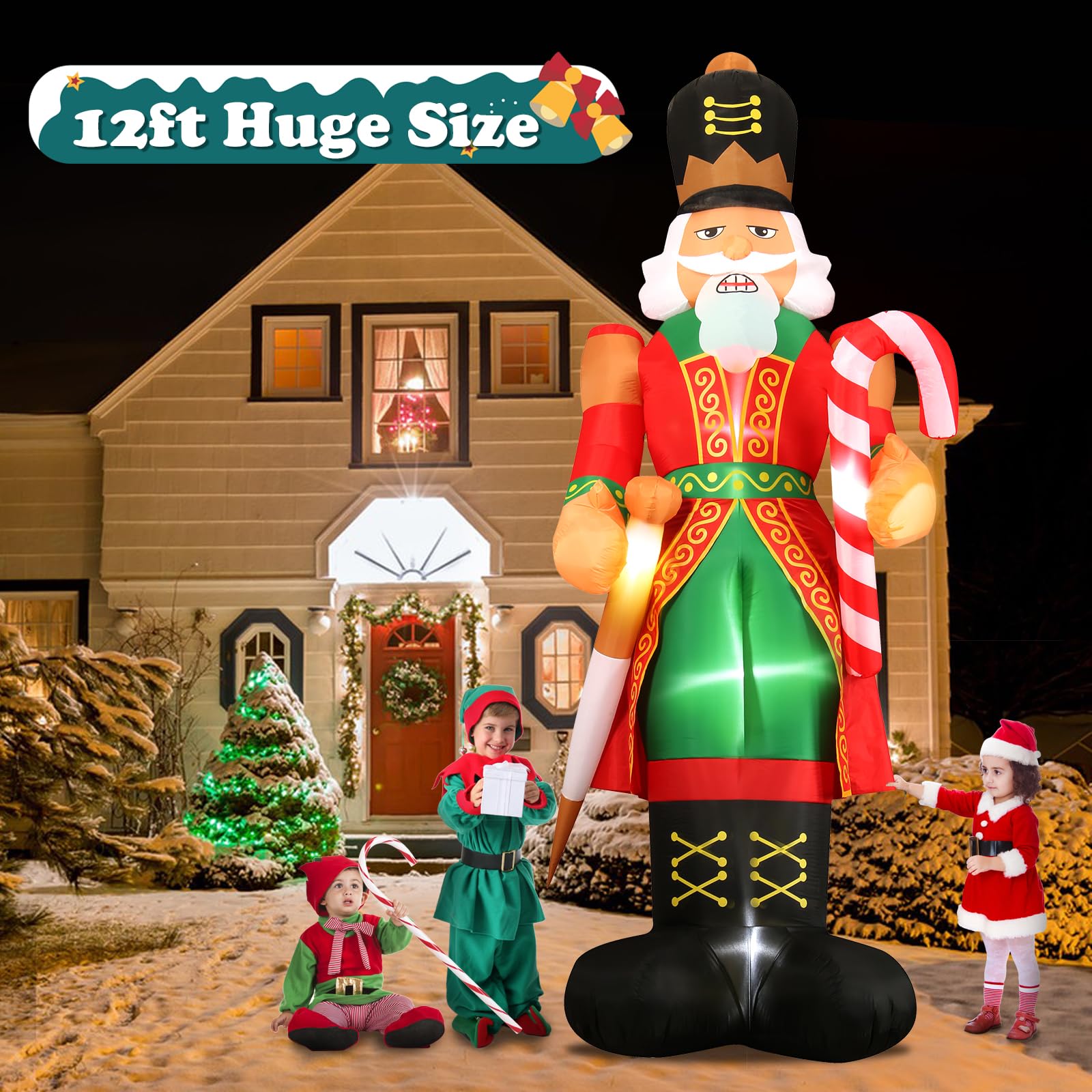 Loninak 12ft Christmas Inflatable Outdoor Decorations Nutcracker with Candy Cane, LED Lighted Blow Up Christmas Decorations for Holiday Party Yard Garden Lawn Home