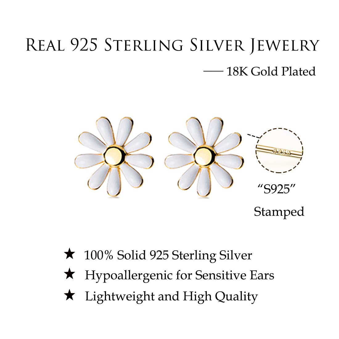 Reffeer Solid 925 Sterling Silver Daisy Flower Stud Earrings Spring for Women Teen Girls Daisy Stud Earrings Flower (B-18K Gold)