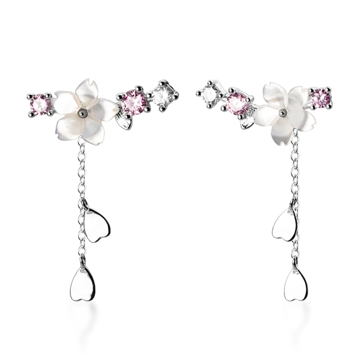 Reffeer Solid 925 Sterling Silver CZ Flower Crawler Earrings Wrap for Women Teens Dainty Flower Climber Earrings Cuff Dangle Chain