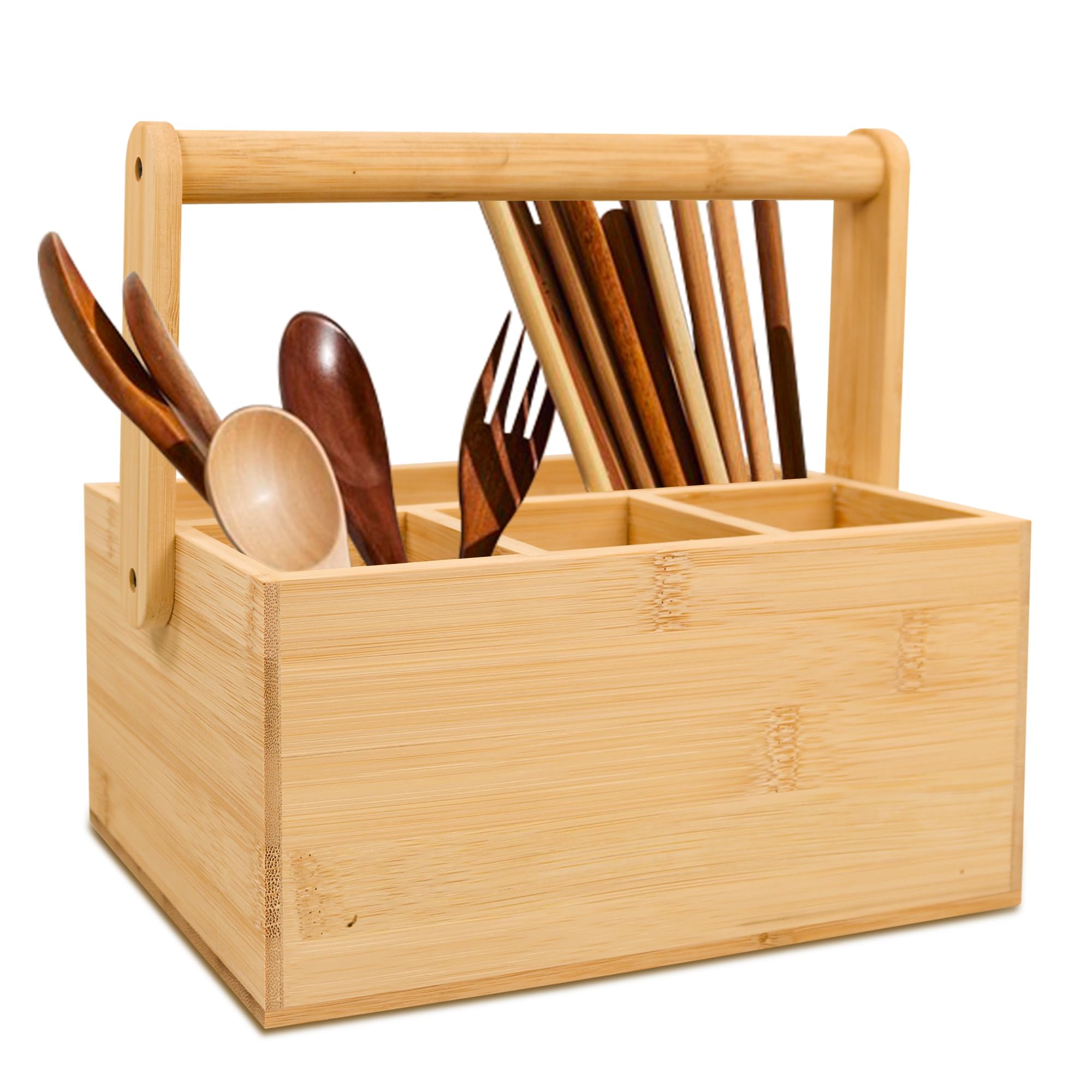 MITUKIYOUNG Utensils Holder, Caddy Cutlery Holder Silverware, Utensils Organizer, Bamboo Utensil Holder And Organizer with Handle, Utensil Holder for Party, Basket Holder for Kitchen Table, Cabinet