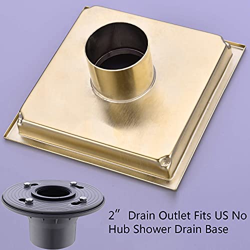 TRUSTMI 6 Inch Square Shower Floor Drain with Removable Grid Grate Cover, SUS 304 Stainless Steel,Brushed Gold