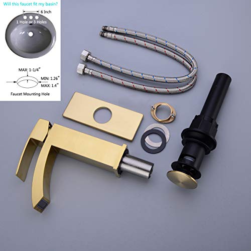 TRUSTMI Bathroom Faucet Square Shaped Brass Brushed Gold Vanity Sink Faucet Heavy Duty Single Handle Single Hole Waterfall Lavatory Faucet, 6" Deck Plate and Overflow Pop Up Drain Included