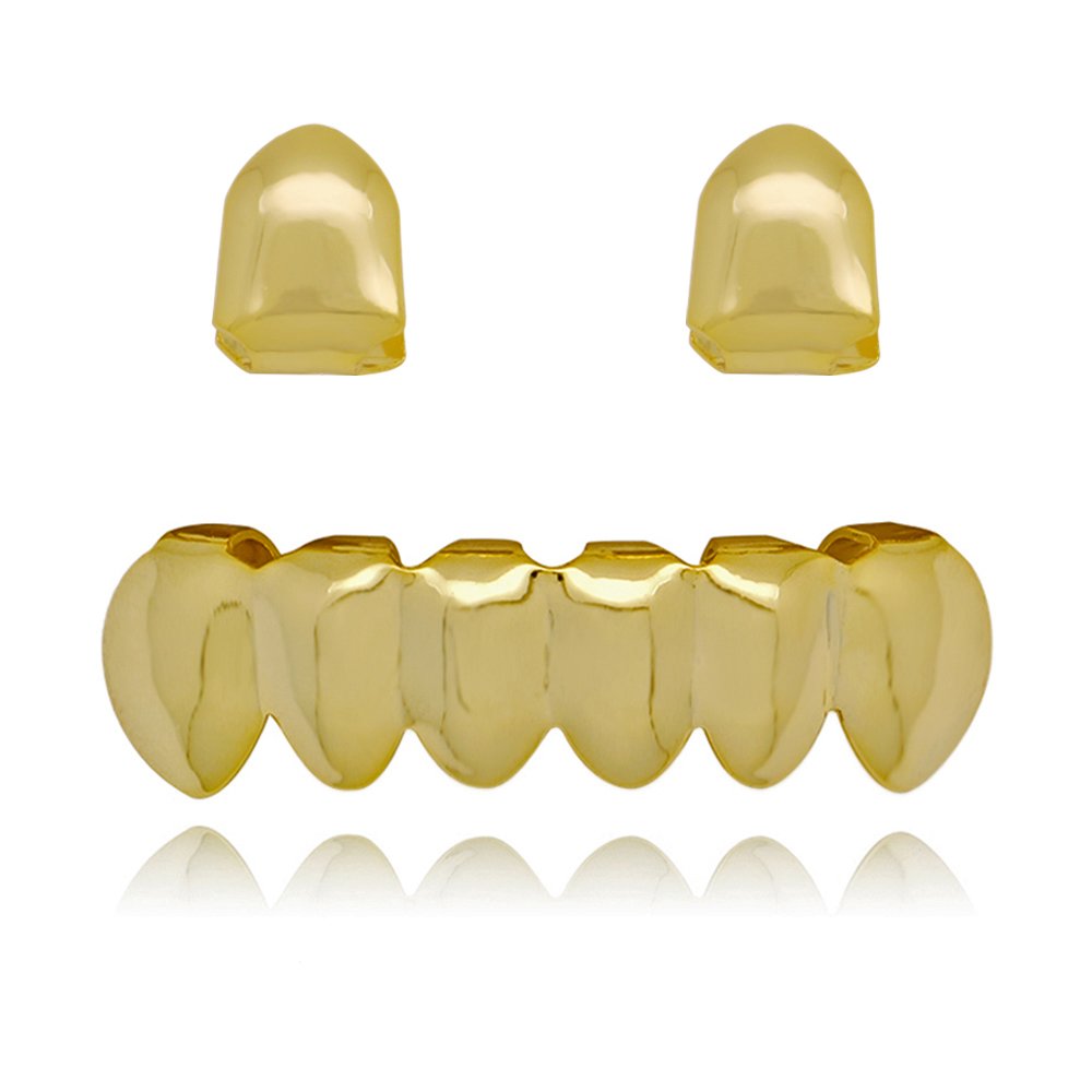 LuReen 14k Gold 2 PC Single Shiny Teeth Grillz 6 Bottom Grillz Set Hip Hop Teeth Grills for Teeth Rapper Halloween Costume Cosplay