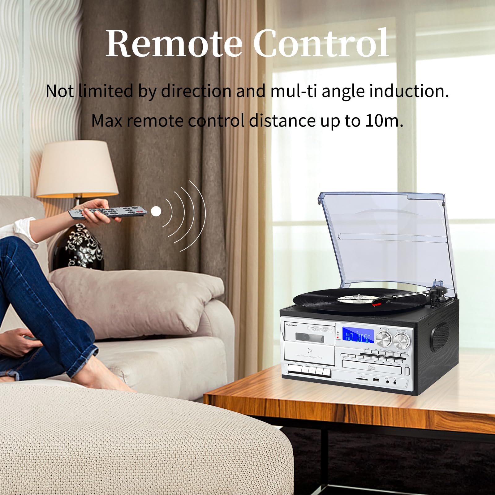 MUSITREND 9 in 1 Record Player 3 Speed Vinyl Turntable with Bluetooth AM FM Raido Cassette CD USB SD Play Bulit-in Stereo Speakers Aux in RCA Line Out (Black)