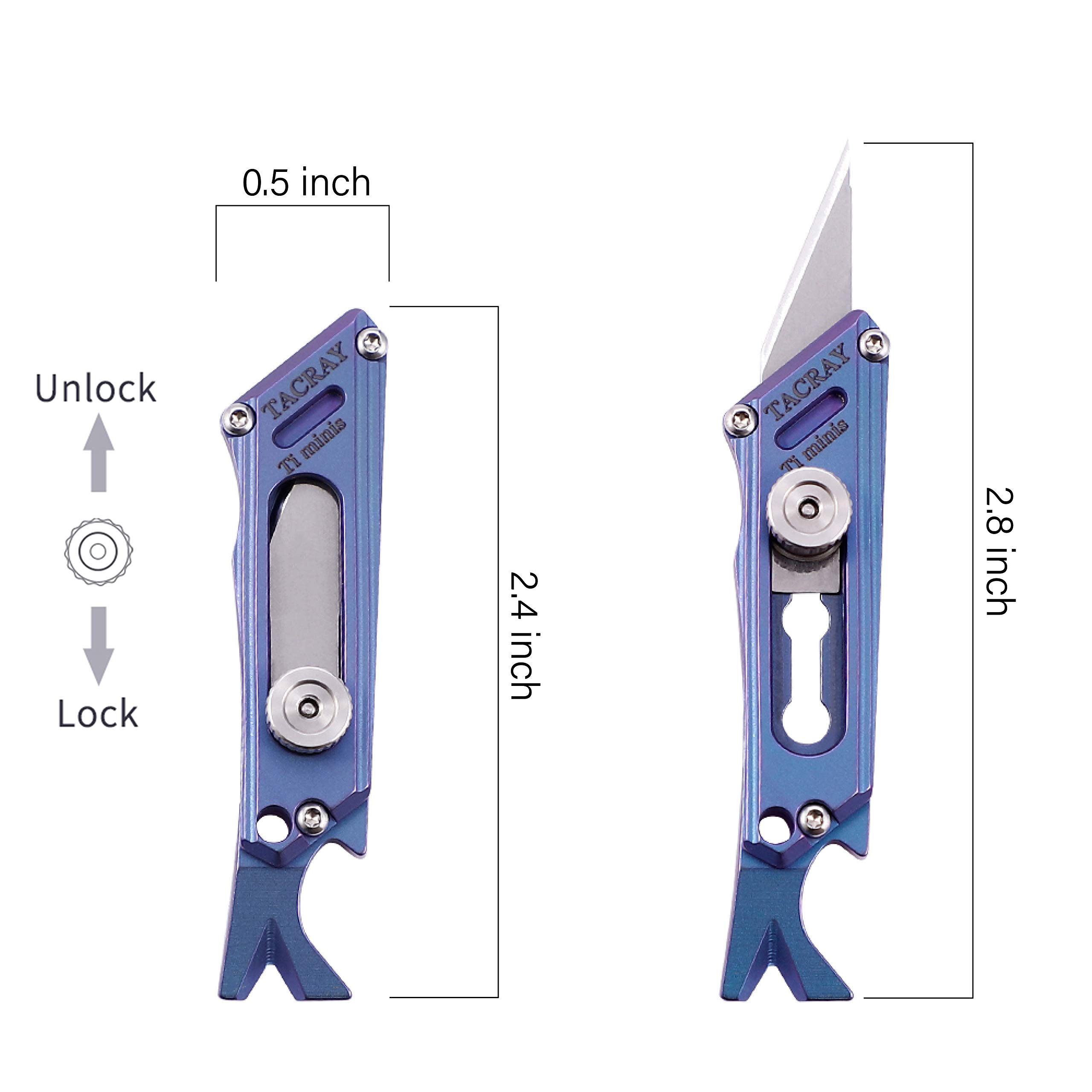 Tacray Titanium EDC Utility Knife with a bottle opener and in the tail, Pocket Knife Box Cutter with Retractable and Replaceable Blade, Mini Knife for Multiple Cutting Tasks(Blue)