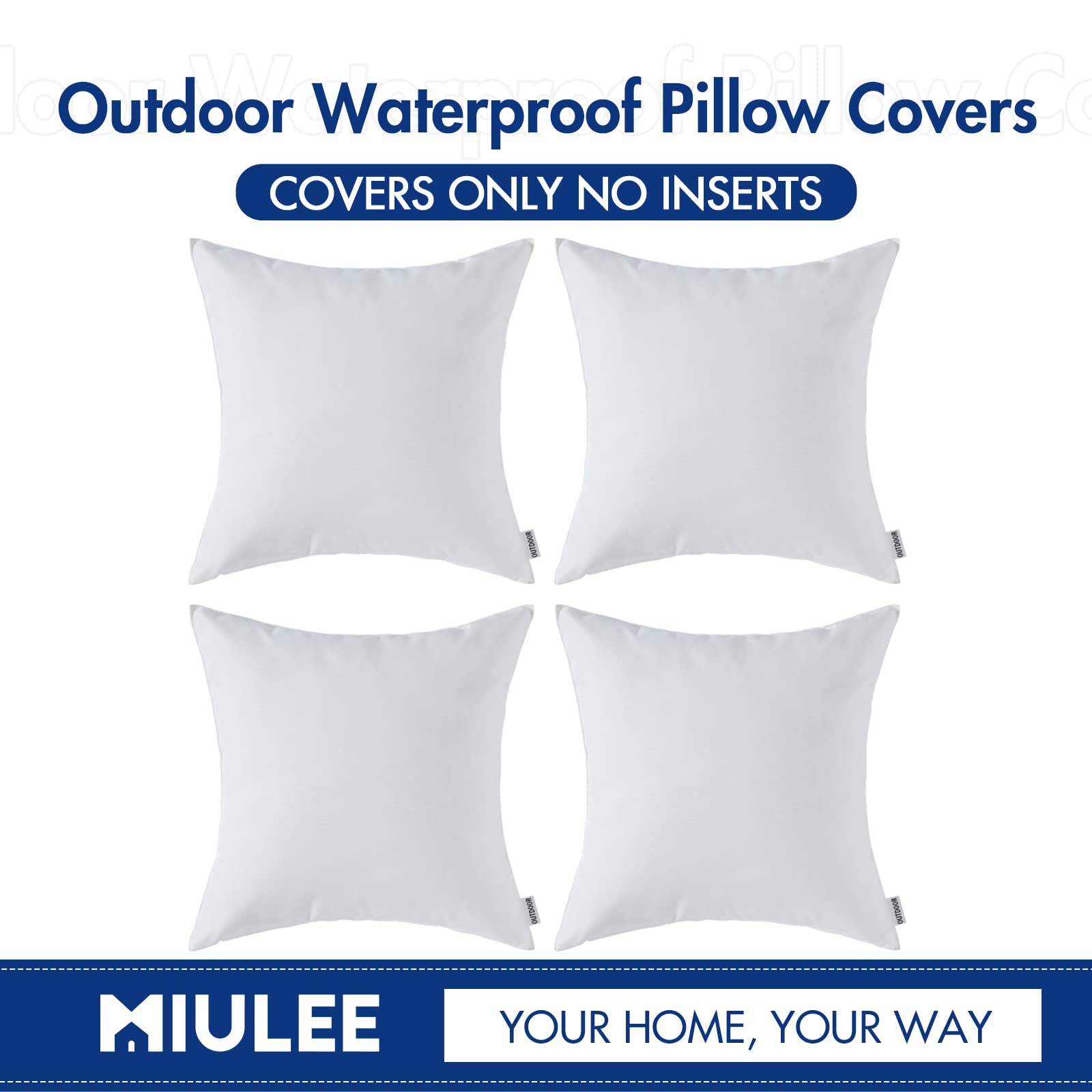 MIULEE Pack of 4 Decorative Outdoor Pillow Covers Waterproof Square Garden Cushion Cases PU Coating Throw Pillow Cover Shell for Tent Park Couch 20x20 Inch White