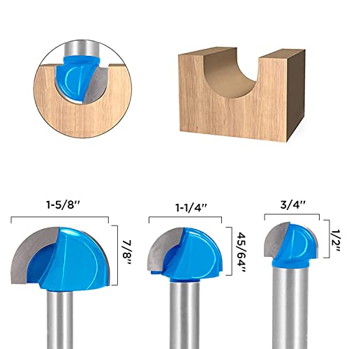 TOOLDO Router Bits ,3pcs Core Box Router Bit Set,Diameter 3/4", 1-1/4", 1-5/8" Round Nose Bit Set,1/2" Shank Router Bit Set,for DIY, Woodworking Project