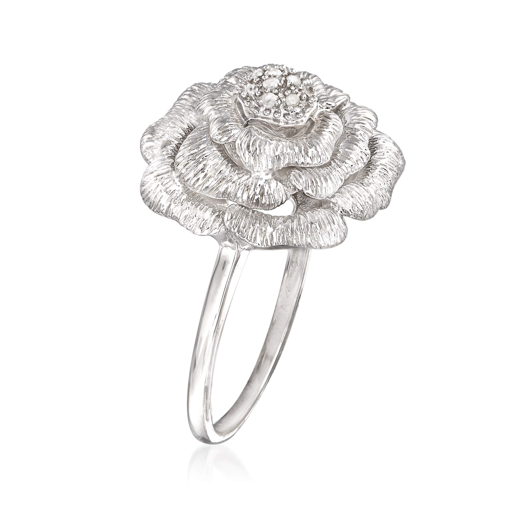 Ross-Simons Sterling Silver Rose Ring With Diamond Accents. Size 8