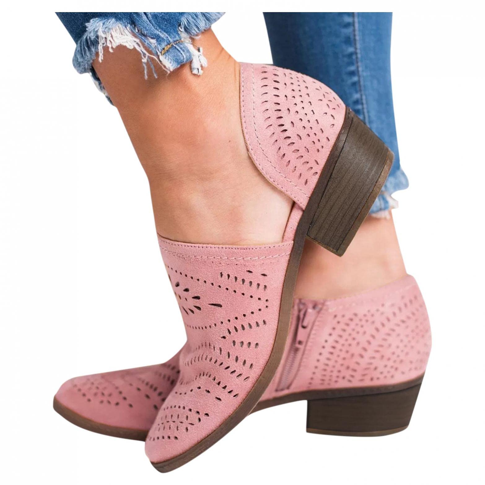 NOLDARES Boots for Women Low Heel Ankle Boots Winter Hollow Warm Stacked Chunky Heel Outdoor Short Booties