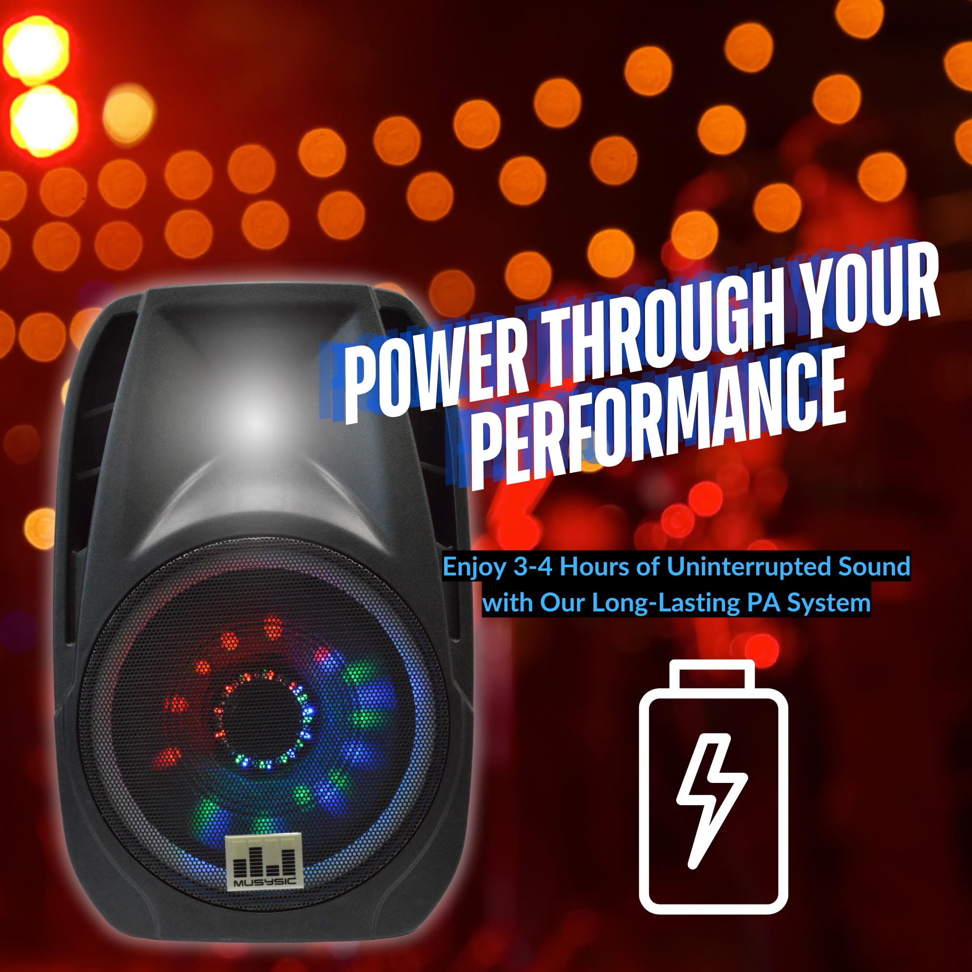 MUSYSIC PA Power Bluetooth Speaker 2000W with Dual UHF Wireless Microphones Bluetooth/FM/USB/SD PA System 15” Speaker with Rechargeable Battery MU-U15PA
