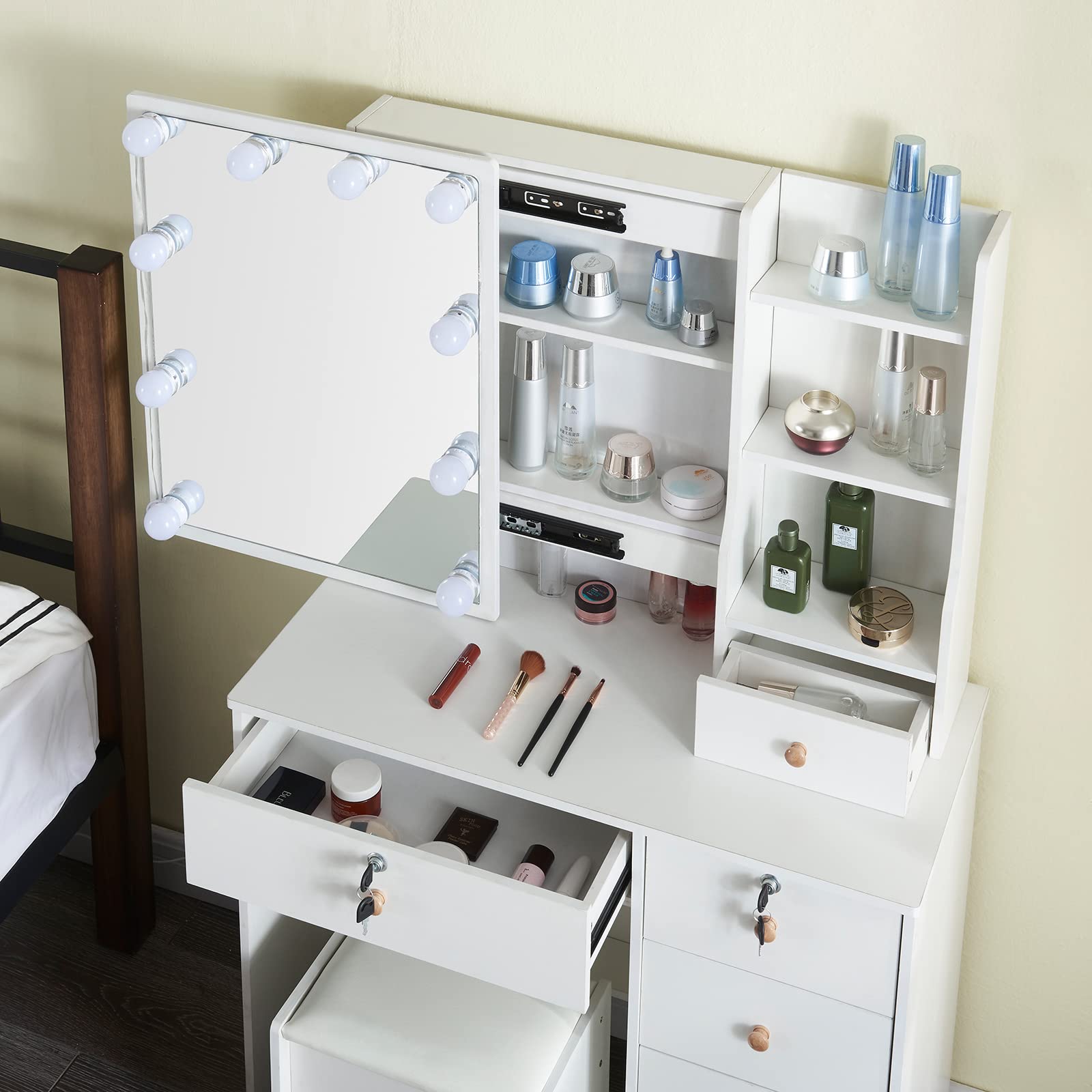 Makeup Vanity Set with LED Bulbs and Sliding Mirror, Vanity Desk with Chair and Drawers, Lots Storage Dressing Table with 3 Color Lighting Modes for Bedroom Dressing room