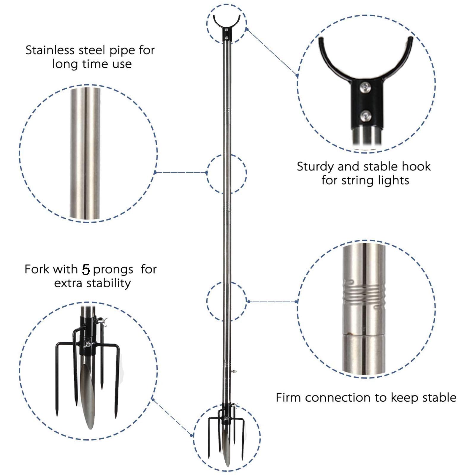 MIYA Light Pole - Outdoor 9FT Light Pole for String Lights - Outside Stainless Steel String Lights Pole for Yard Garden - String Lights Pole Stand for Night Wedding and Party