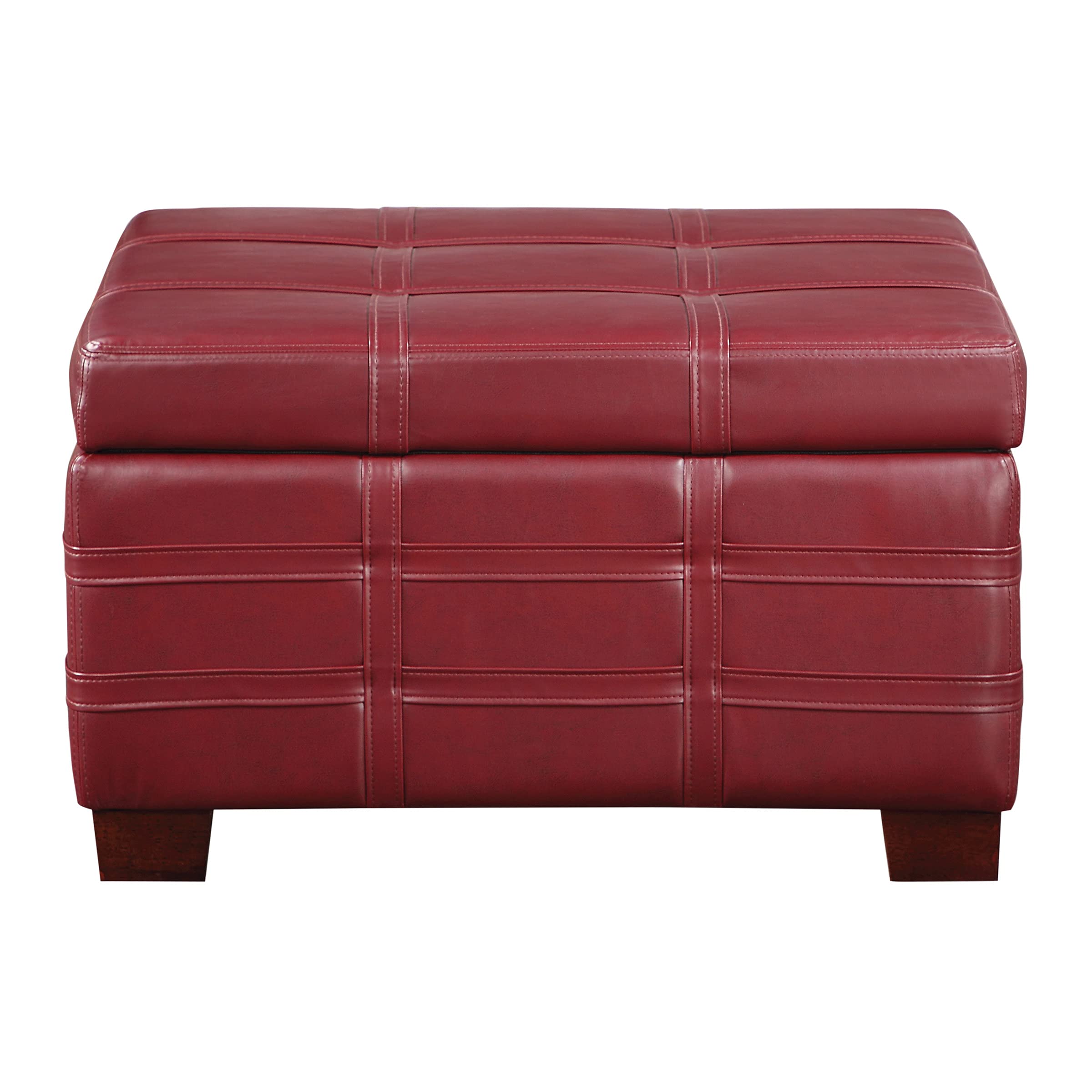 OSP Home Furnishings Detour Strap Square Storage Ottoman with Tray and Solid Wood Legs, Crimson Red Faux Leather