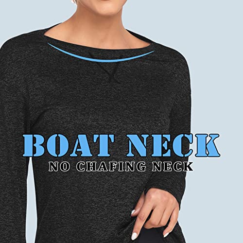 Soneven Long Sleeve Workout Tops for WomenLoose Fit Boat Neck Athletic Shirt with Thumbhole Quick Dry Active Tops Black