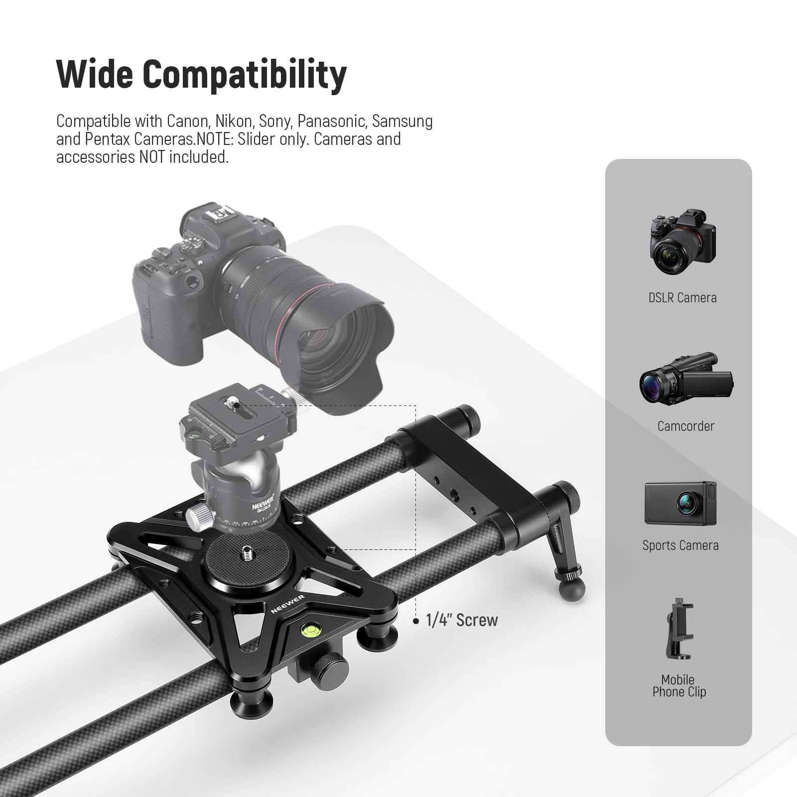 NEEWER 31.5 inches / 80 cm Carbon Fibre Camera Slider, Dolly with Thicker Tube and More Stable Support, 4 Precise Smooth Bearings and Levelling for DSLR Camera Camcorder, max Load 8 kg, CS80 cm