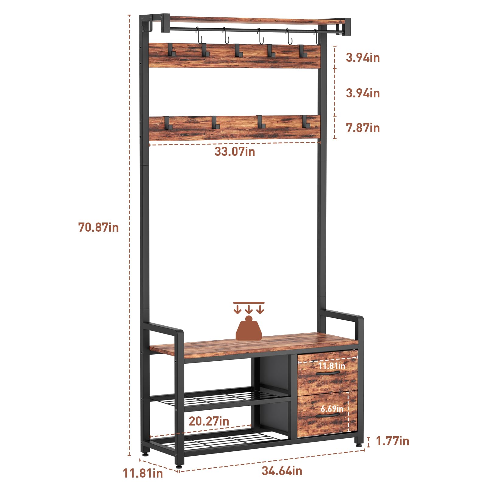 ZERDER Coat Rack, Hall Tree with Shoe Bench for Entryway, Entryway Bench with Coat Rack, 3-Tier Shelves, 1 Hanging Rod and 8 Hooks,