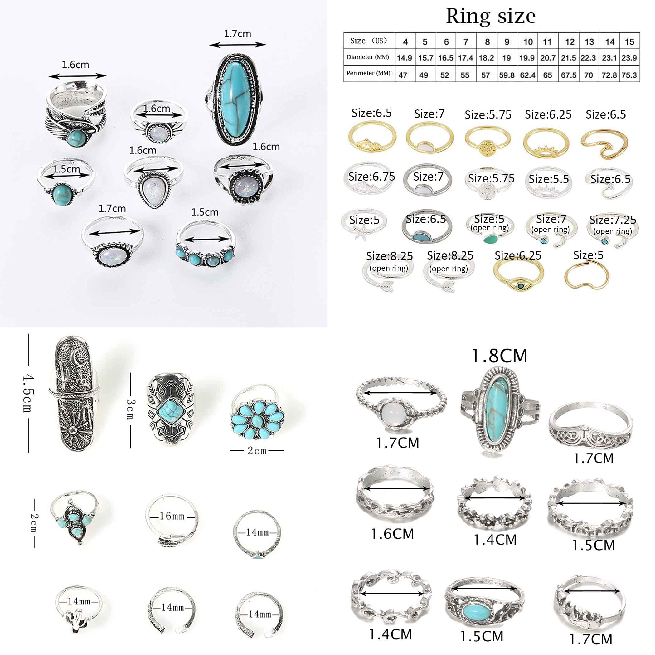 NEEBAOLY 45Pcs Boho Knuckle Rings Set Turquoise Gemstone Vintage Stackable Finger Rings Midi Ring for Women Hollow Carved Flowers Gold&Silver Ring Crystal Joint Rings (Ocean)