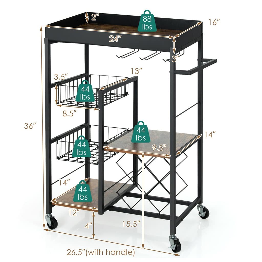 ZHUHW Serving Cart Metal Frame Rolling 4-Tier Kitchen Bar Cart Rolling Wine Rack Removable Tray Basket