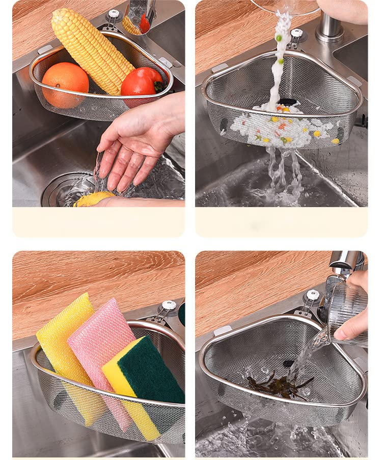 Stainless Steel sink drain basket, Kitchen Food Waste Leftovers Food Catcher Garbage, Corner Kitchen Sink Strainer Basket for Draining Residuum, Drip Drying Sponge (1Pcs)