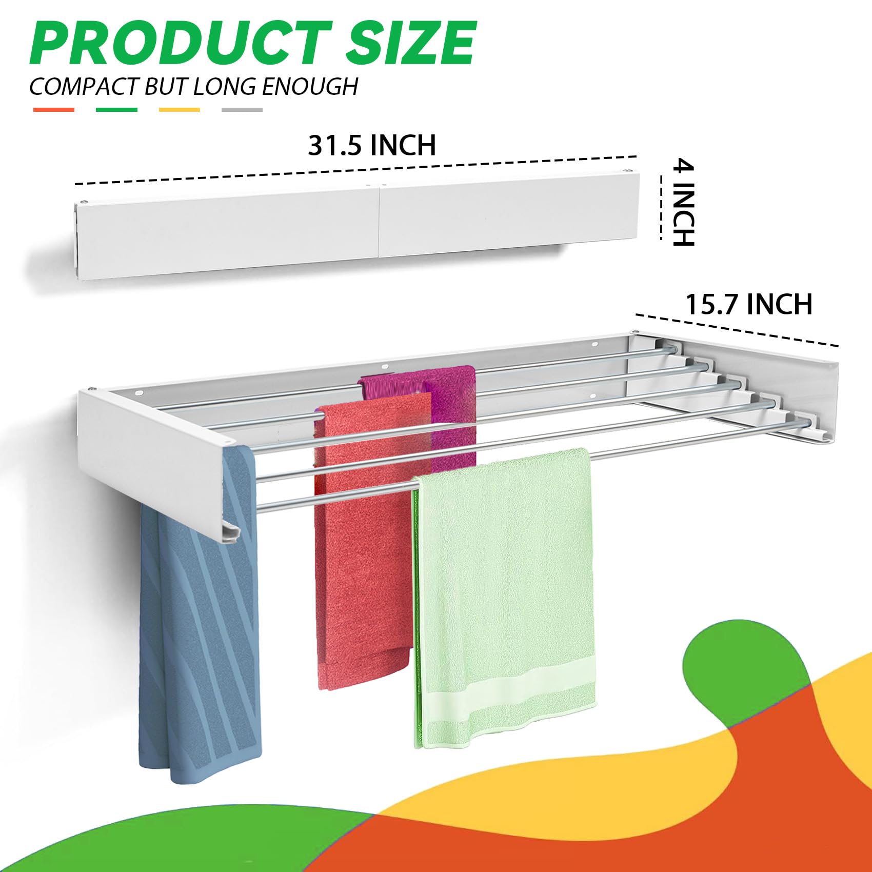 LEPump Wall Mounted Drying Rack, Step Up Laundry Drying Rack, Collapsible Clothes drying Hanger, 60Lbs Capacity, 16.5 Linear Ft, 5 Aluminum Rods, with Wall Template (White-80)