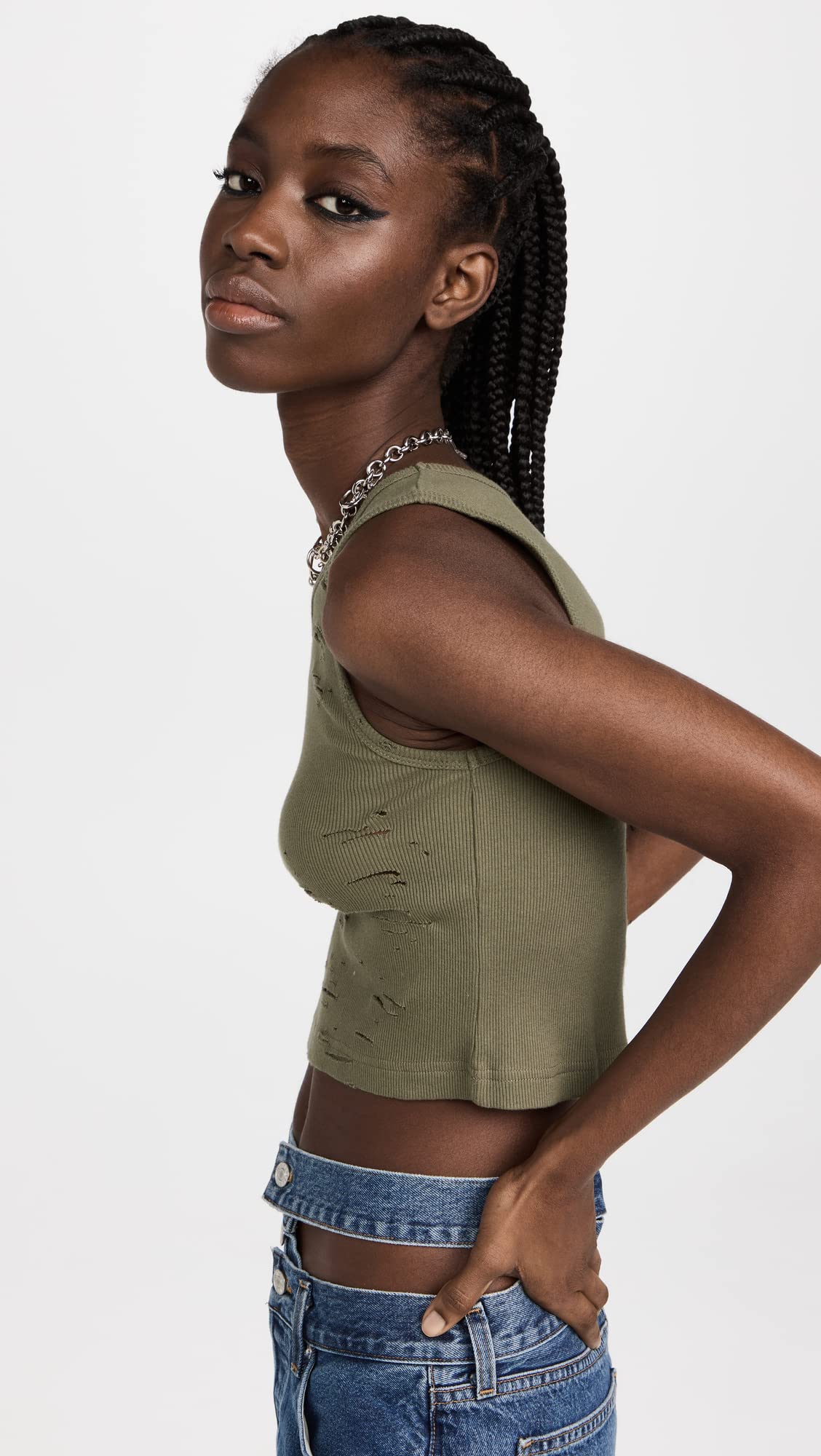 R13 Women's Distressed Tank, Olive, XS