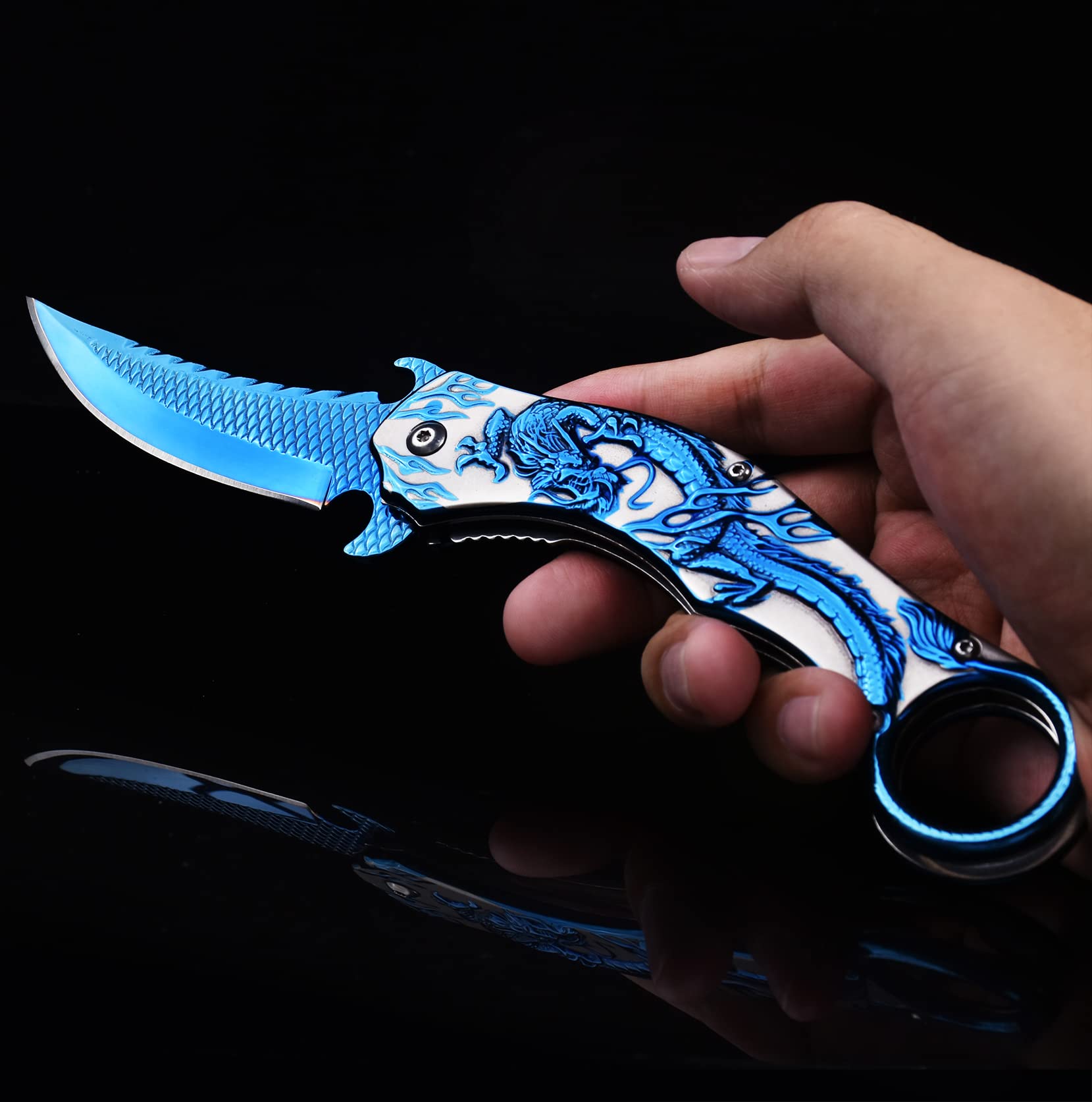 Vividstill Pocket Knife for Men, Cool Folding Knife With 3D Blue Dragon Relief, Great Gift Edc Knife For Men Outdoor Survival Camping Hiking